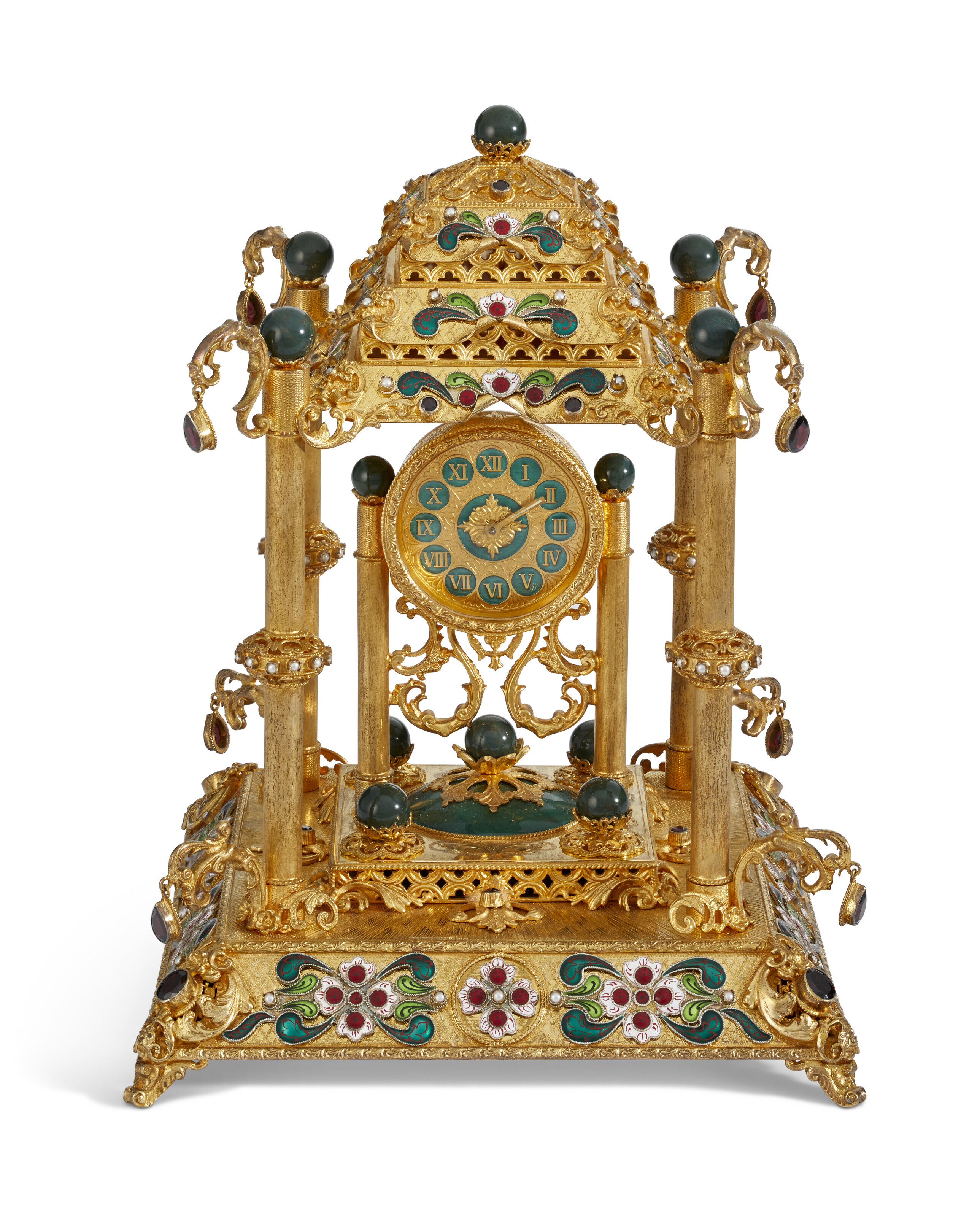 A CONTINENTAL GEM AND HARDSTONE-MOUNTED SILVER-GILT AND ENAMEL MUSICAL ...