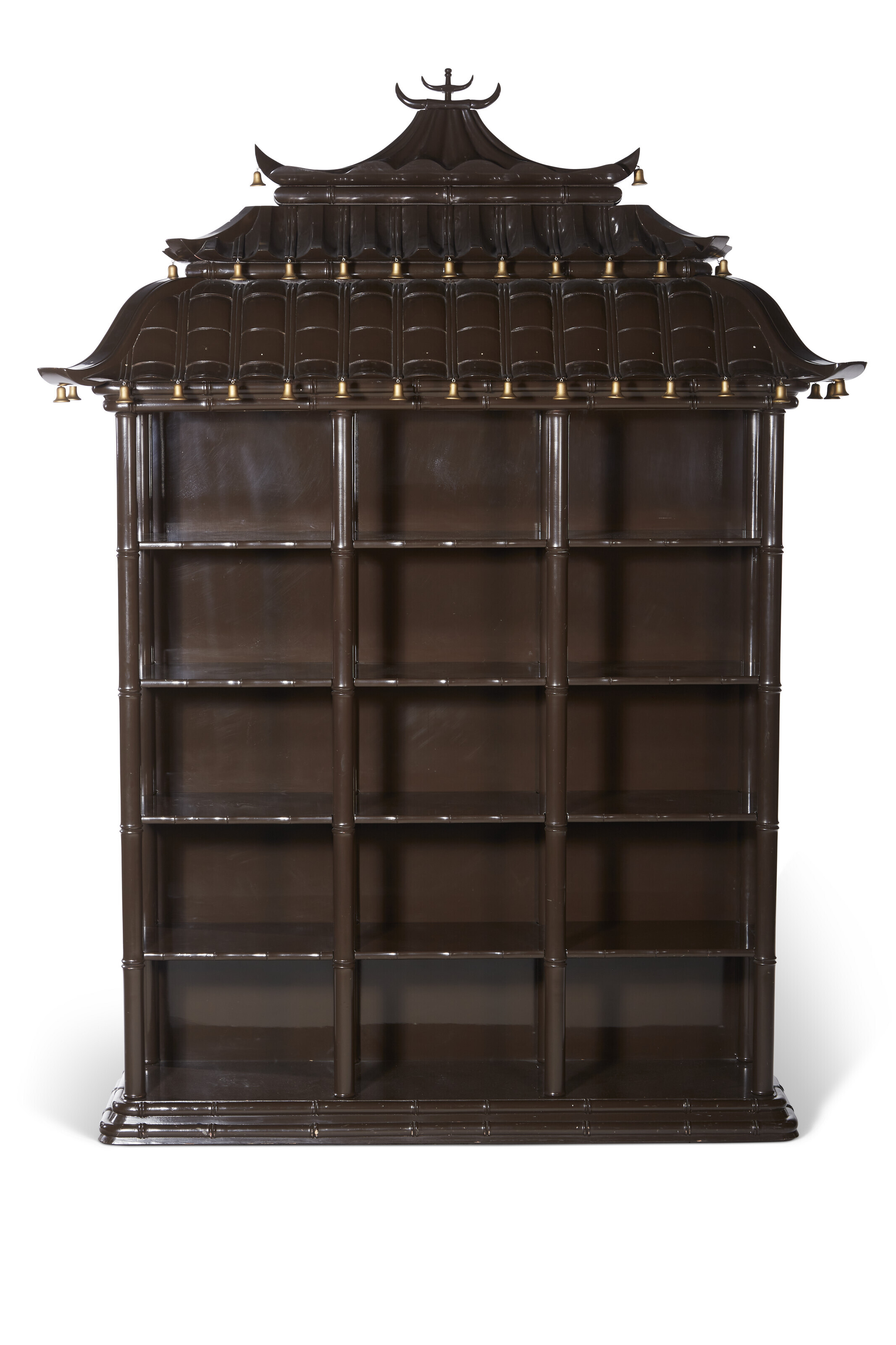 A CHINESE STYLE GOLD-PAINTED AND BROWN-LAQUERED PAGODA-FORM BOOKCASE ...
