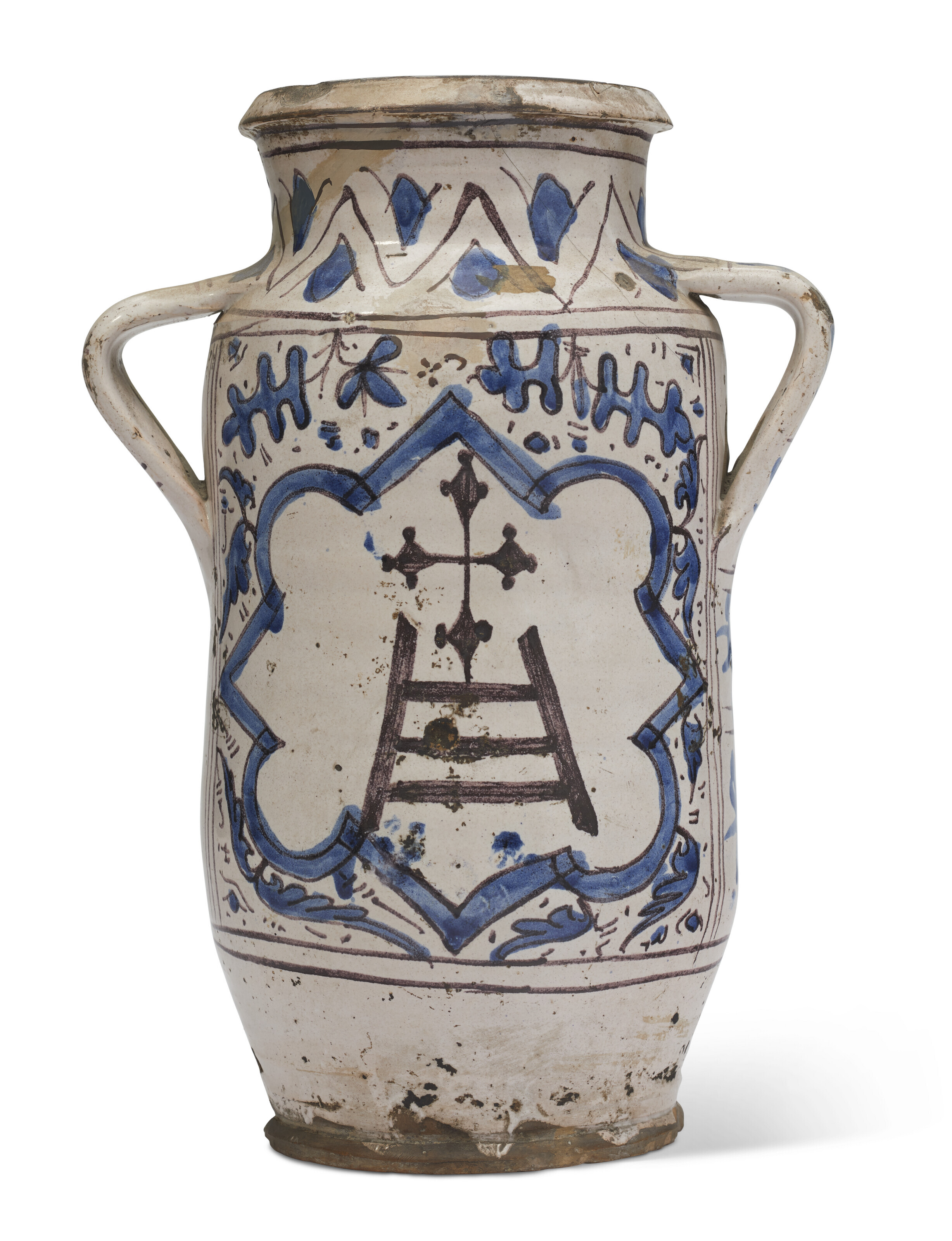 AN ITALIAN MAIOLICA TWO-HANDLED MEDICINE JAR (ALBARELLO), MID-15TH ...
