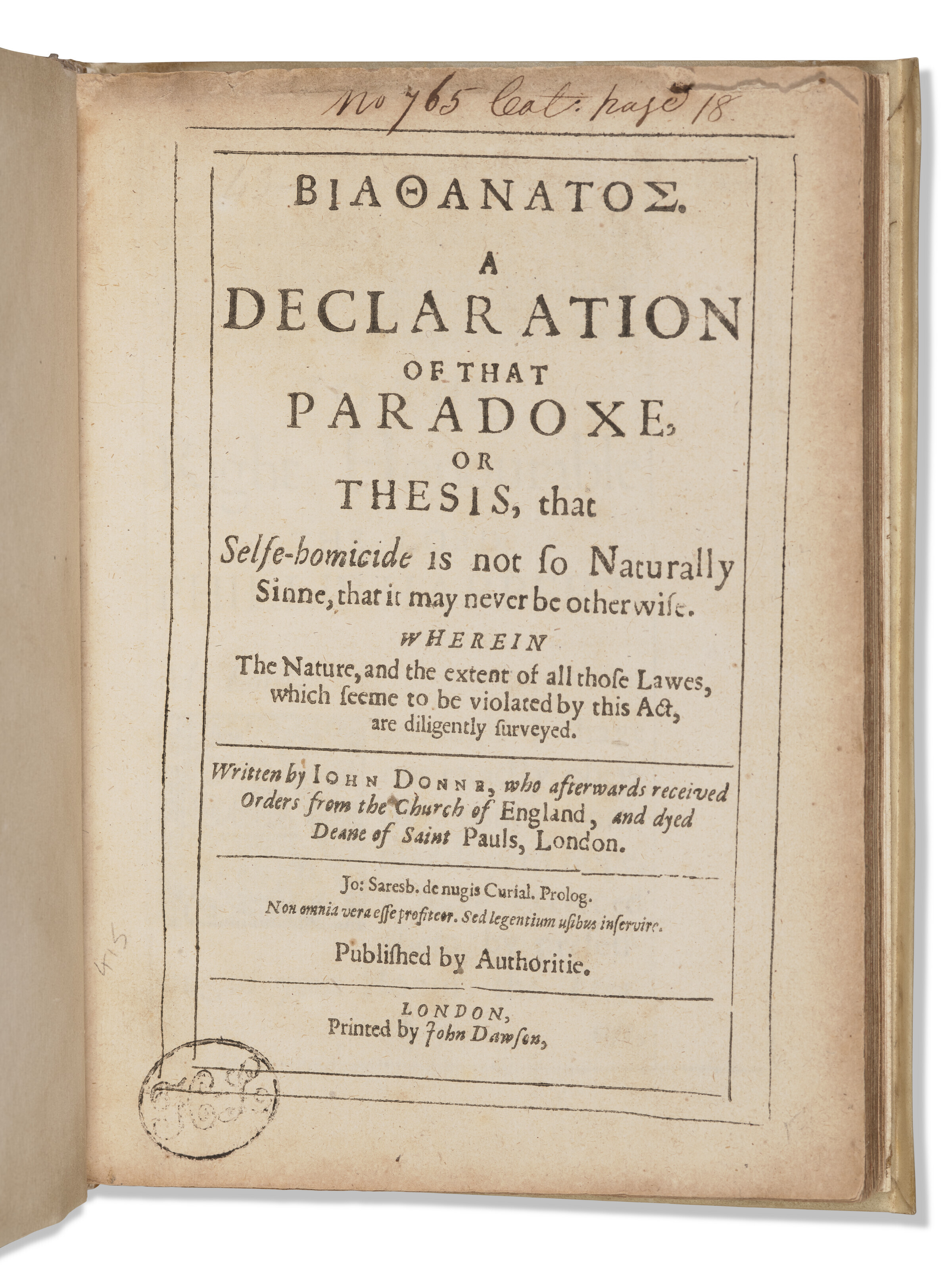 Biathanatos, John Donne, 1647 | Christie’s