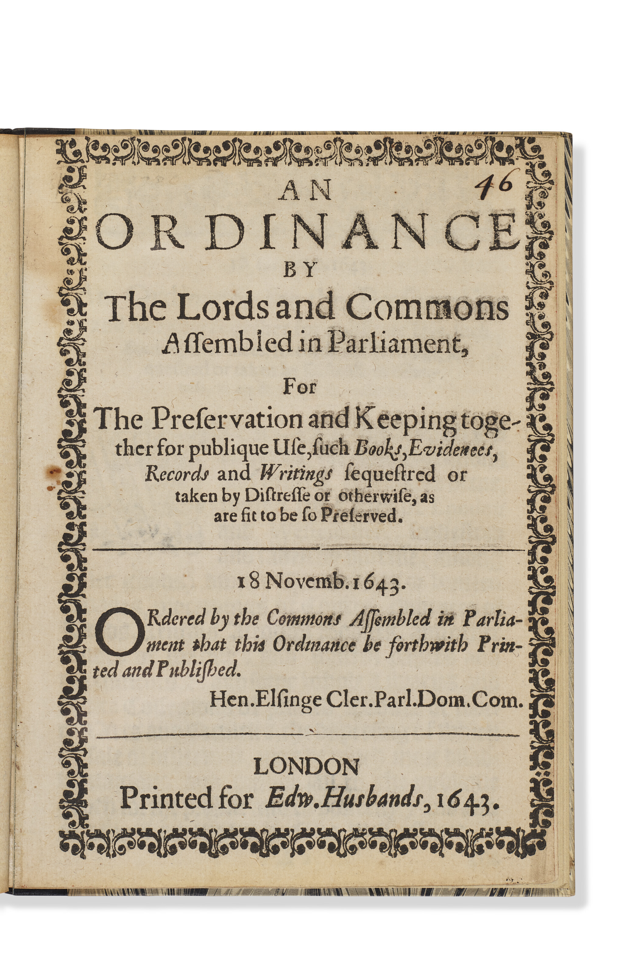 For the Preservation of Books and Archives, Parliament, 1643 | Christie’s