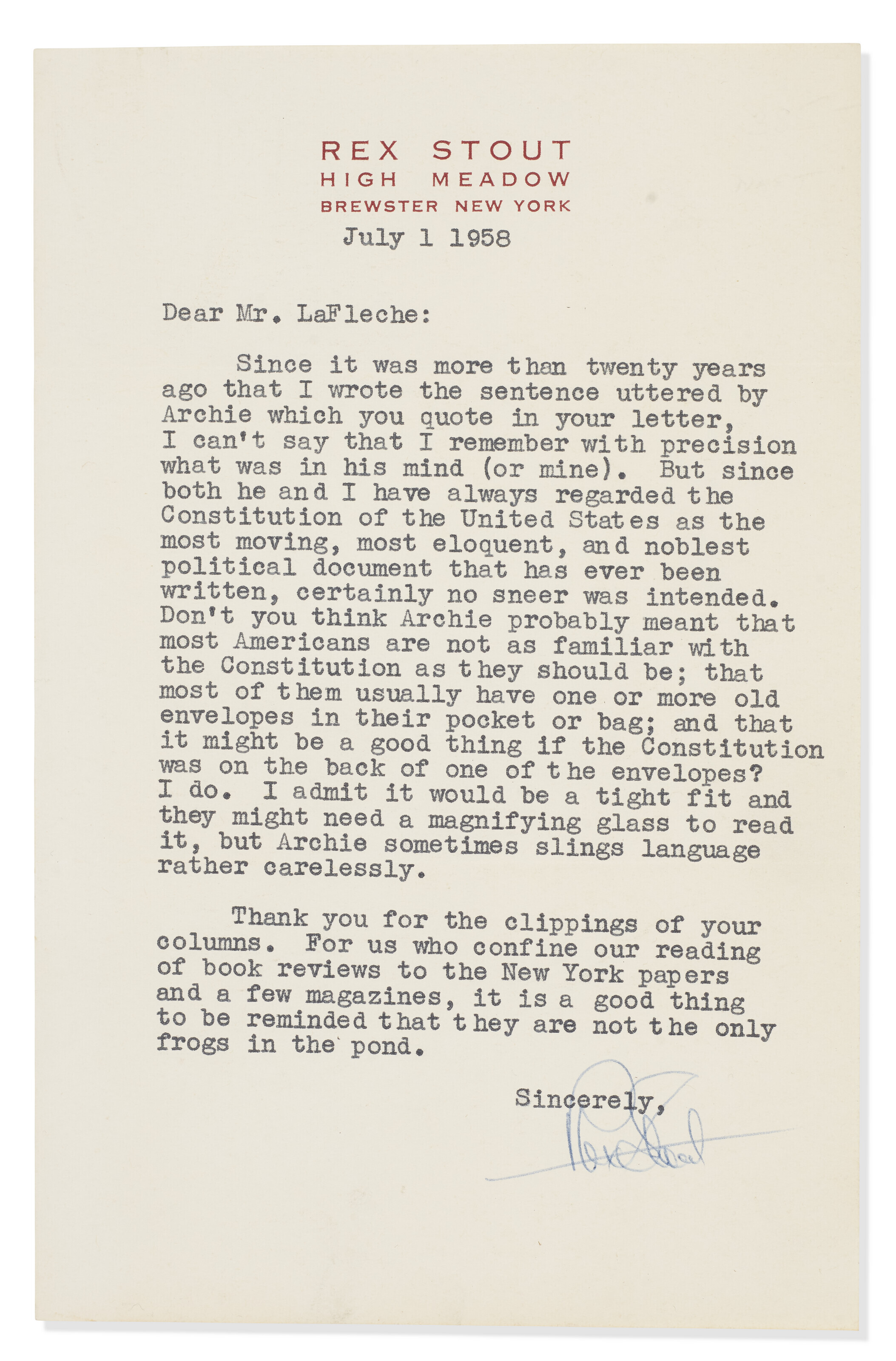 Letter on the U.S. Constitution, Rex Stout, 1 July 1958 | Christie’s