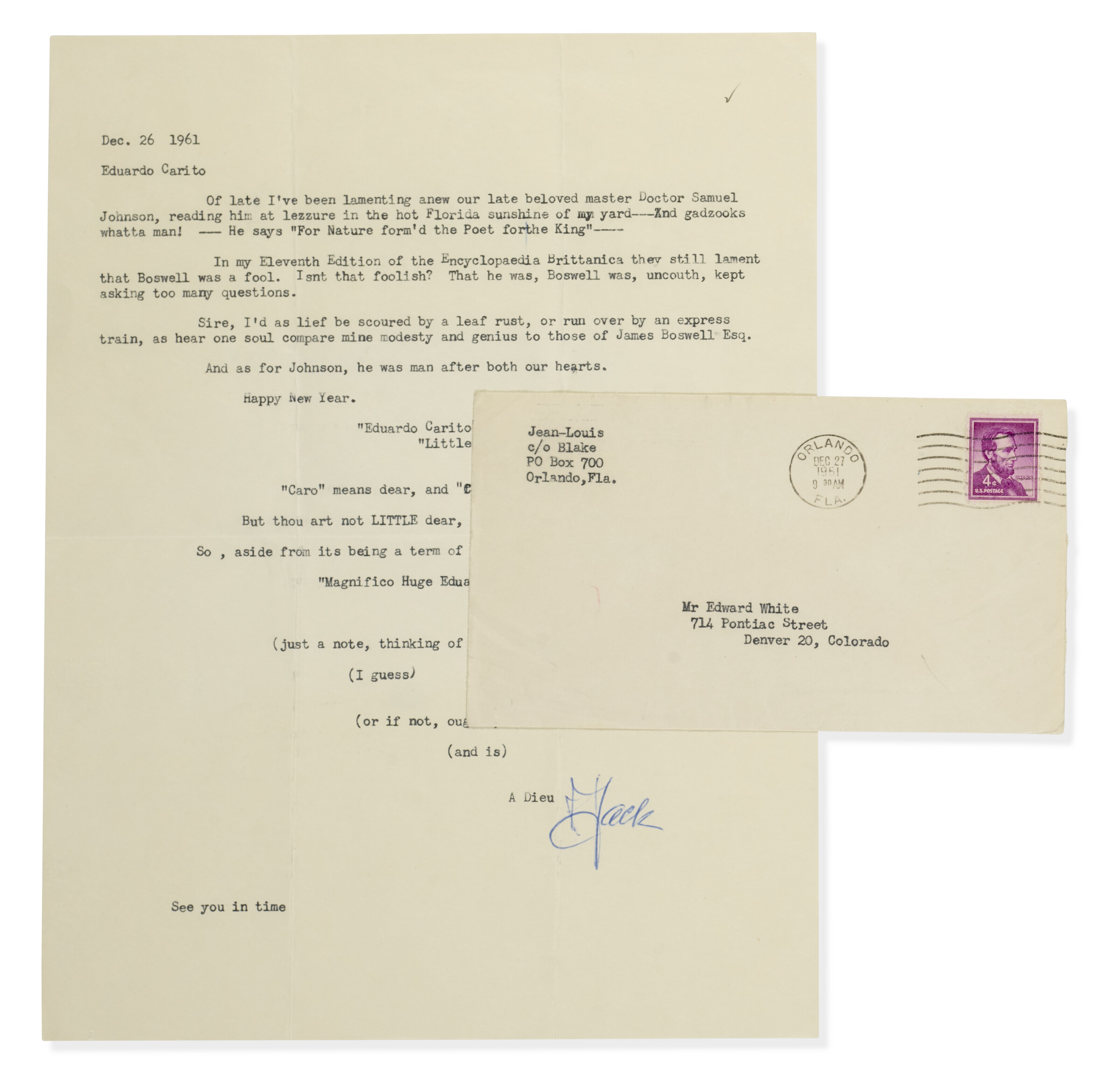 Writing from Florida on Samuel Johnson, Jack Kerouac, 26 December 1961 ...