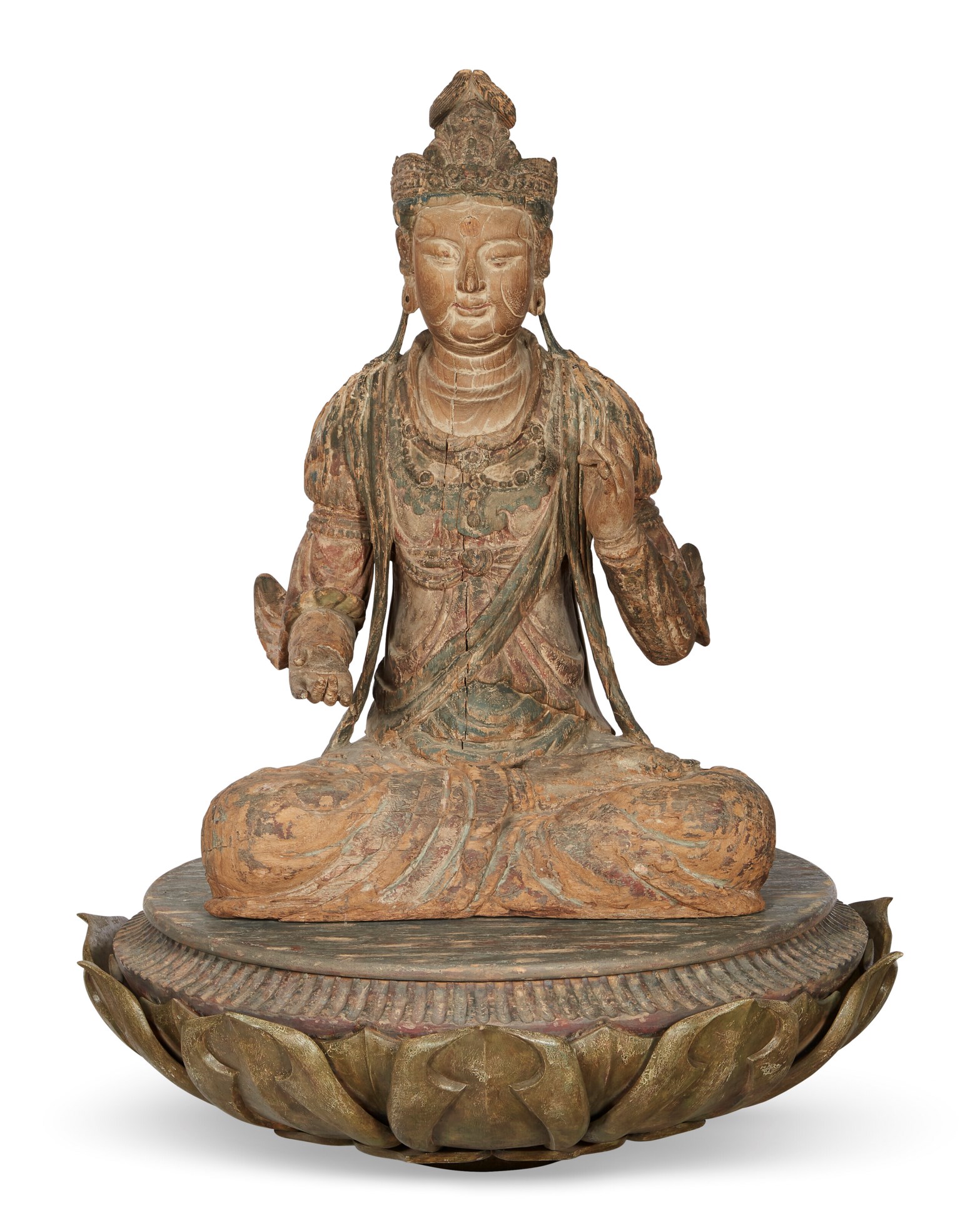 A LARGE AND RARE CHINESE PAINTED WOOD FIGURE OF GUANYIN, LIAO-JIN ...