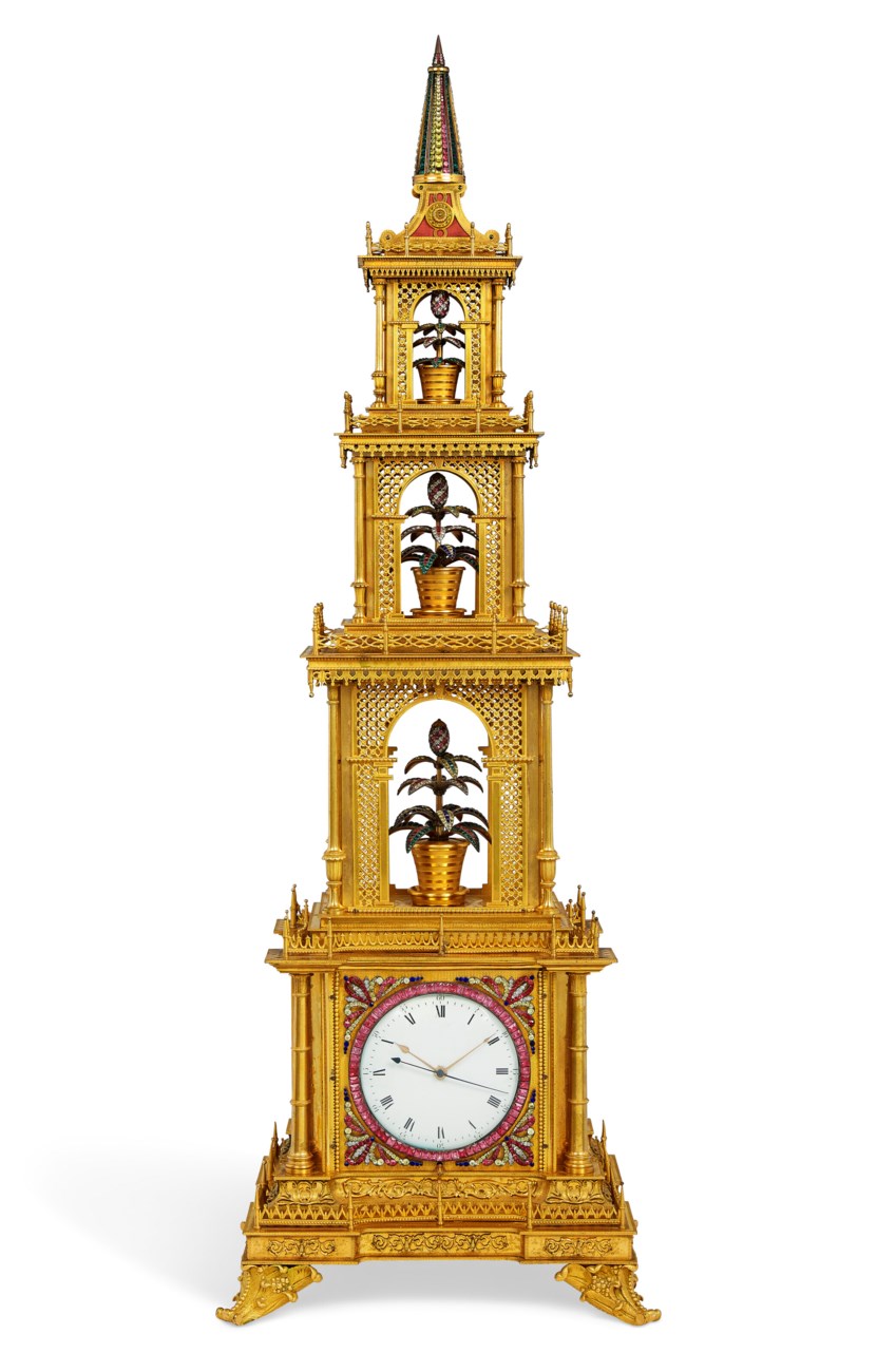 A GEORGE III ORMOLU, ENAMEL AND PASTE-SET MUSICAL AND AUTOMATON TOWER CLOCK, PROBABLY MADE FOR ...