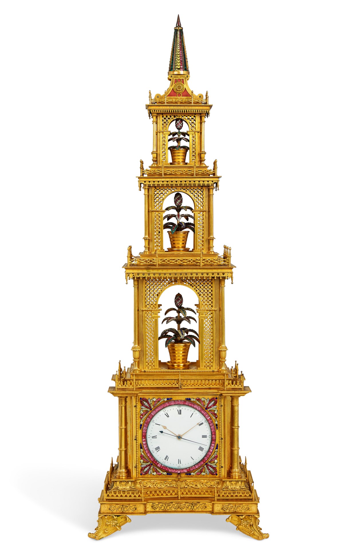 A GEORGE III ORMOLU, ENAMEL AND PASTE-SET MUSICAL AND AUTOMATON TOWER ...