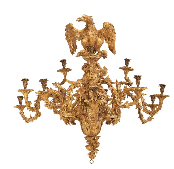 A GEORGE II GILTWOOD AND GILT-BRONZE CHANDELIER, THE DESIGN ATTRIBUTED ...