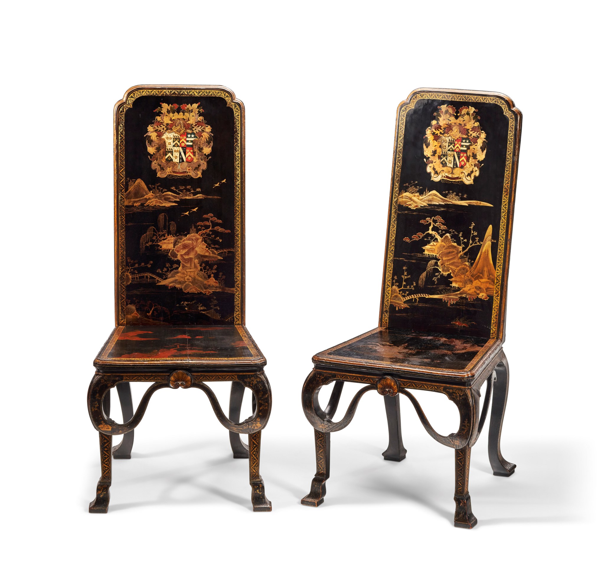 A PAIR OF GEORGE I BLACK, RED AND GILT-JAPANNED AND CHINESE LACQUER ...