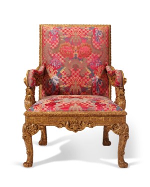 A GEORGE II GILTWOOD ARMCHAIR
