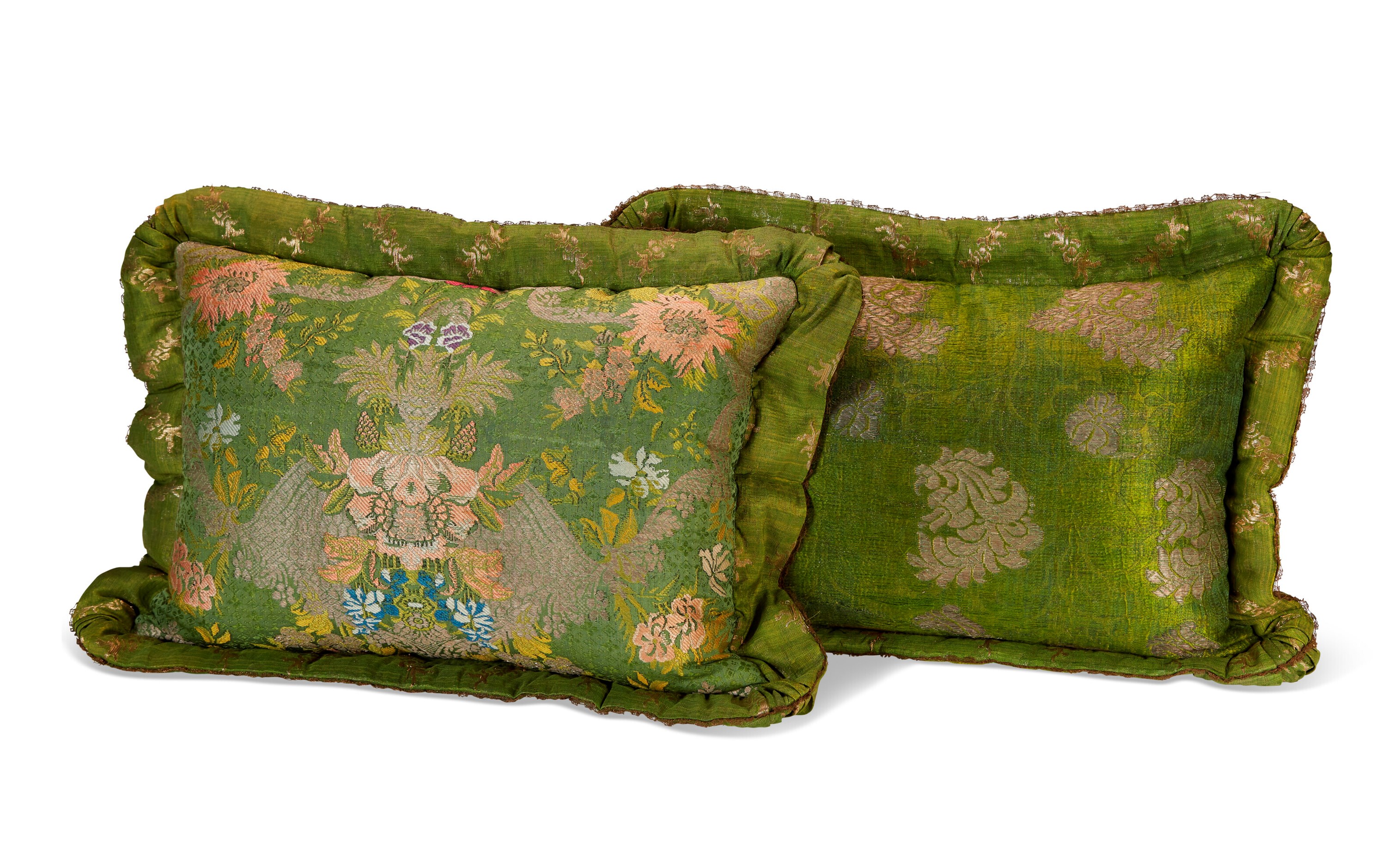 A PAIR OF GREEN SILK METALLIC BROCADED CUSHIONS, THE FABRIC FRENCH AND ...