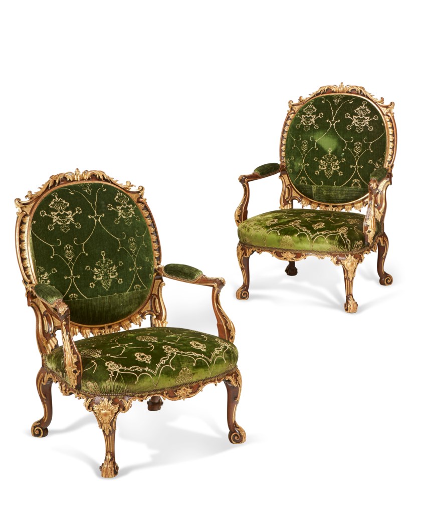 A PAIR OF GEORGE II MAHOGANY AND PARCEL-GILT ARMCHAIRS, ATTRIBUTED TO ...