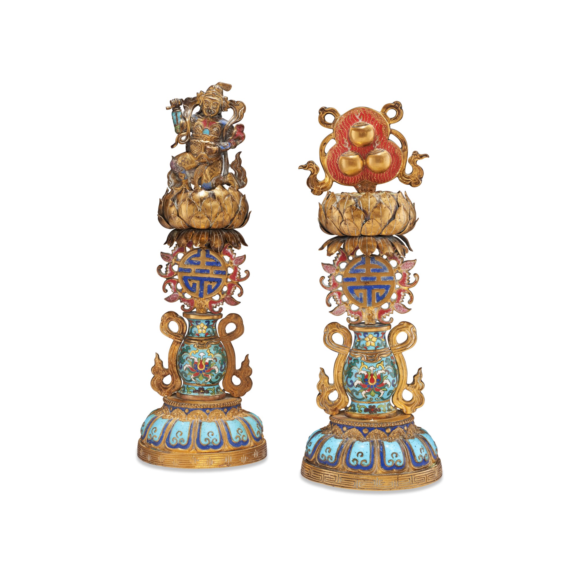 A PAIR OF CHINESE CLOISONNÉ ENAMEL AND GILT-BRONZE BUDDHIST EMBLEMS ...