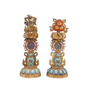 A PAIR OF CHINESE CLOISONNÉ ENAMEL AND GILT-BRONZE BUDDHIST EMBLEMS ...
