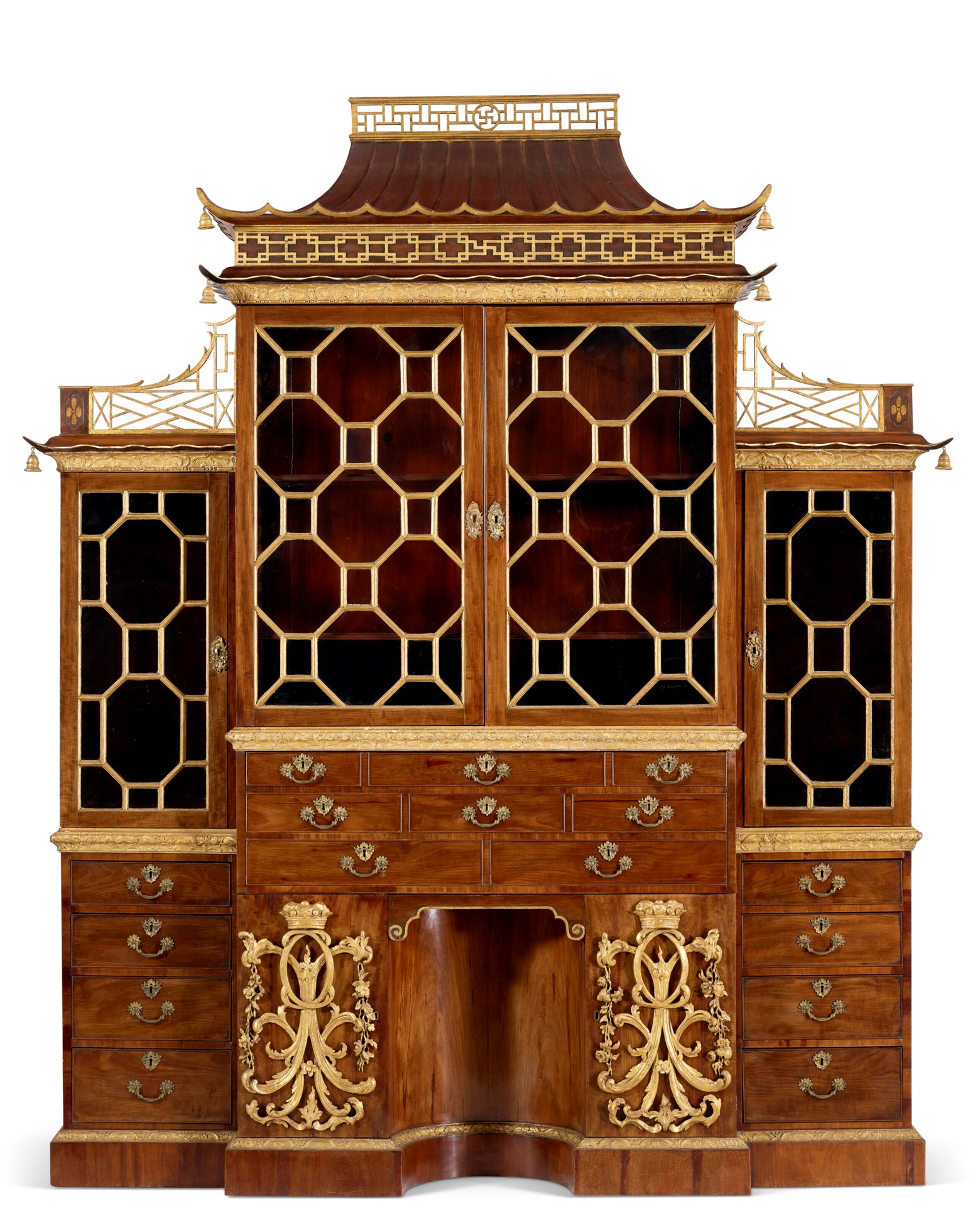 A GEORGE II MAHOGANY AND PARCEL-GILT BREAKFRONT SECRETAIRE BOOKCASE