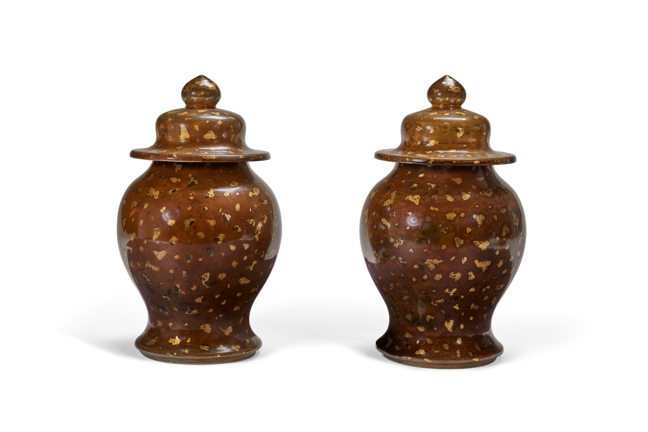 A PAIR OF CHINESE GILT-SPLASHED BRONZE BALUSTER VASES AND COVERS, LATE ...