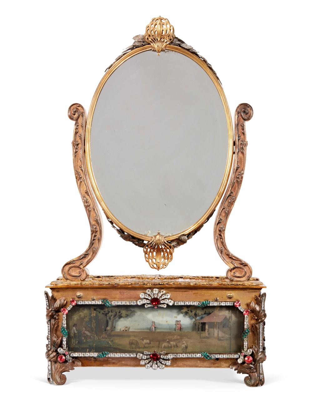 A GEORGE III PASTE-SET AND SILVER-MOUNTED ORMOLU DRESSING TABLE MIRROR ...