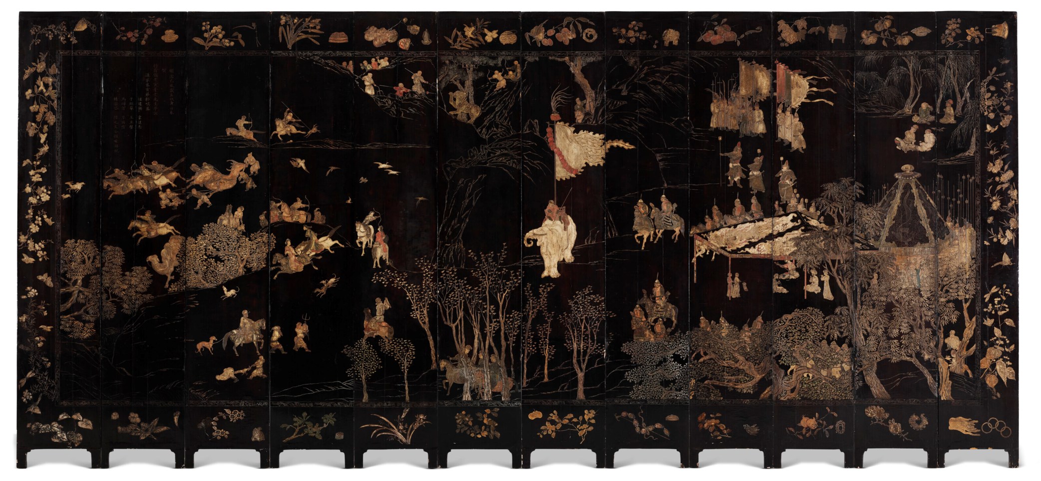 A VERY RARE CHINESE COROMANDEL LACQUER TWELVE-PANEL SCREEN, QING ...