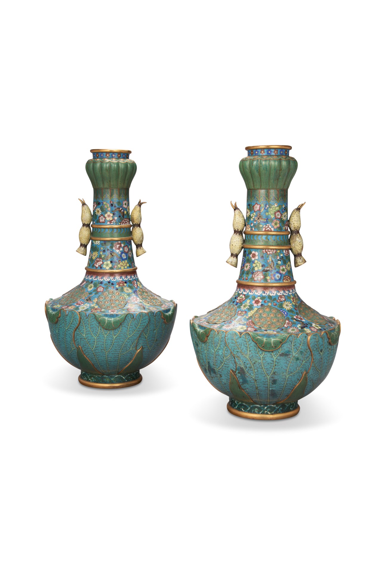AN UNUSUAL PAIR OF LARGE CHINESE CHAMPLEVÉ AND CLOISONNÉ ENAMELED VASES ...
