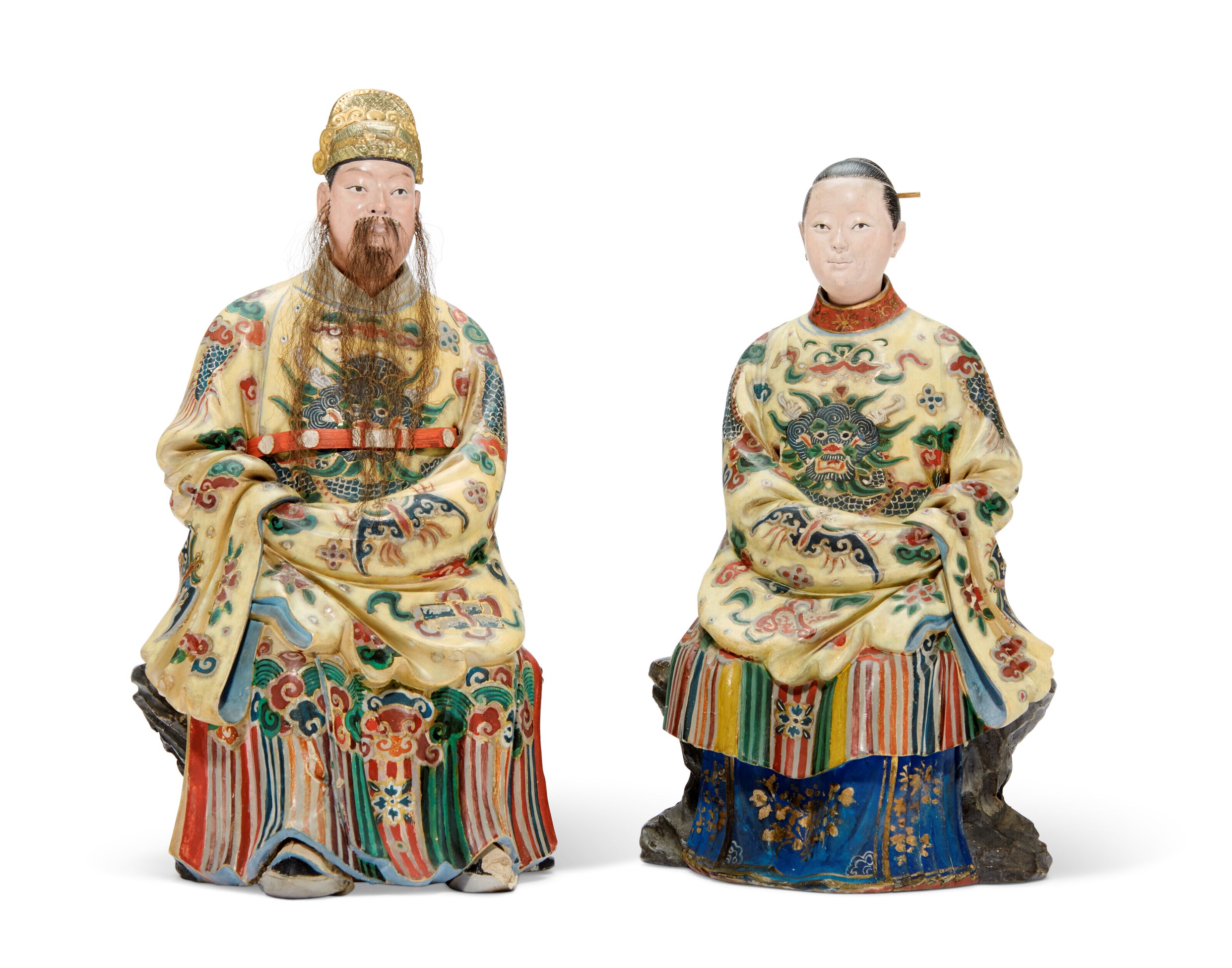 A PAIR OF CHINESE EXPORT POLYCHROME-DECORATED NODDING HEAD FIGURES ...