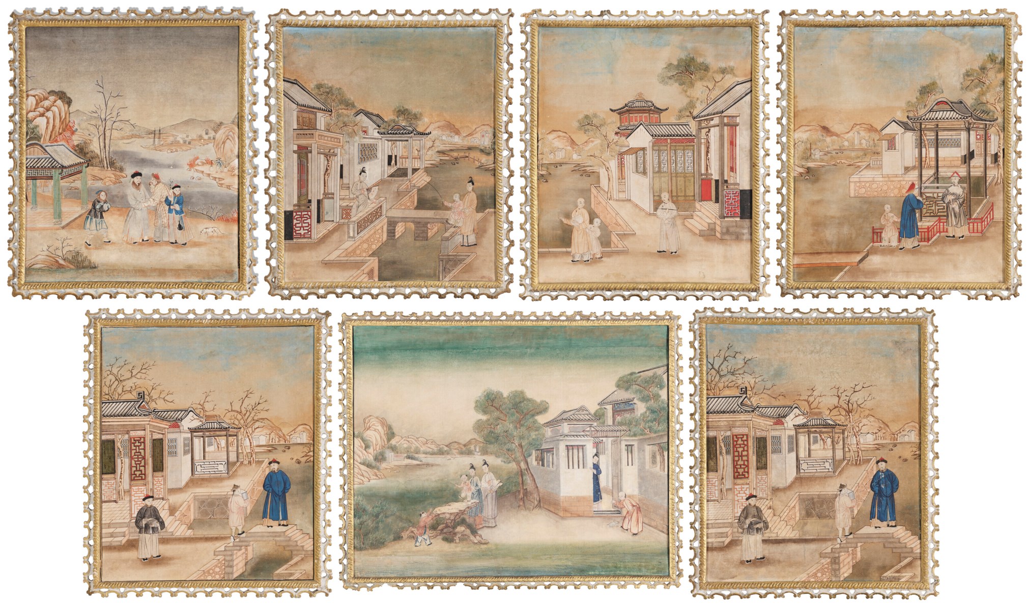 A SET OF SEVEN CHINESE EXPORT AND CARTON PIERRE FRAMED WALLPAPER PANELS