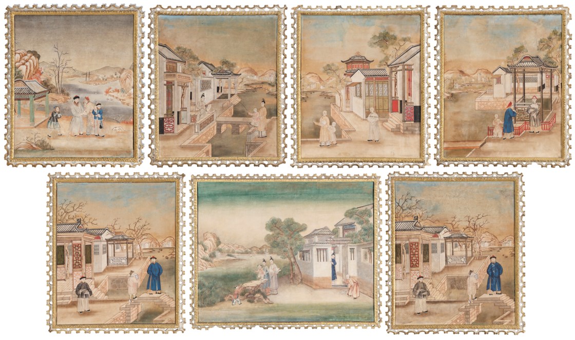 A SET OF SEVEN CHINESE EXPORT AND CARTON PIERRE FRAMED WALLPAPER PANELS ...