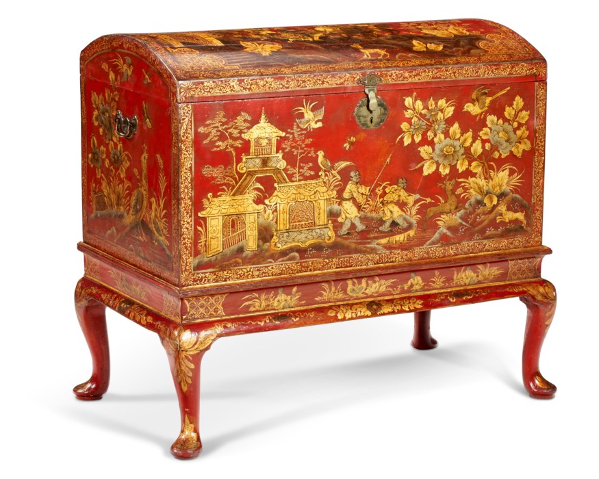 A GEORGE II SCARLET, GILT AND POLYCHROME-JAPANNED COFFER-ON-STAND ...