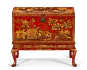 A GEORGE II SCARLET, GILT AND POLYCHROME-JAPANNED COFFER-ON-STAND ...