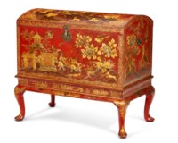A GEORGE II SCARLET, GILT AND POLYCHROME-JAPANNED COFFER-ON-STAND ...