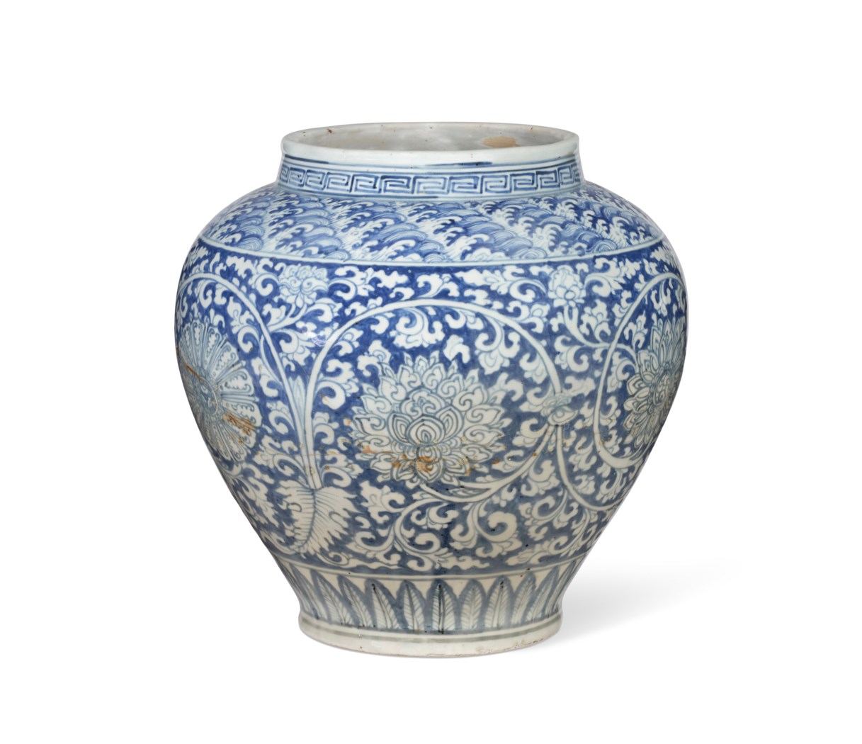 A RARE CHINESE REVERSE-DECORATED BLUE AND WHITE JAR, MING DYNASTY, LATE ...