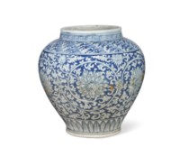 A RARE CHINESE REVERSE-DECORATED BLUE AND WHITE JAR, MING DYNASTY, LATE ...