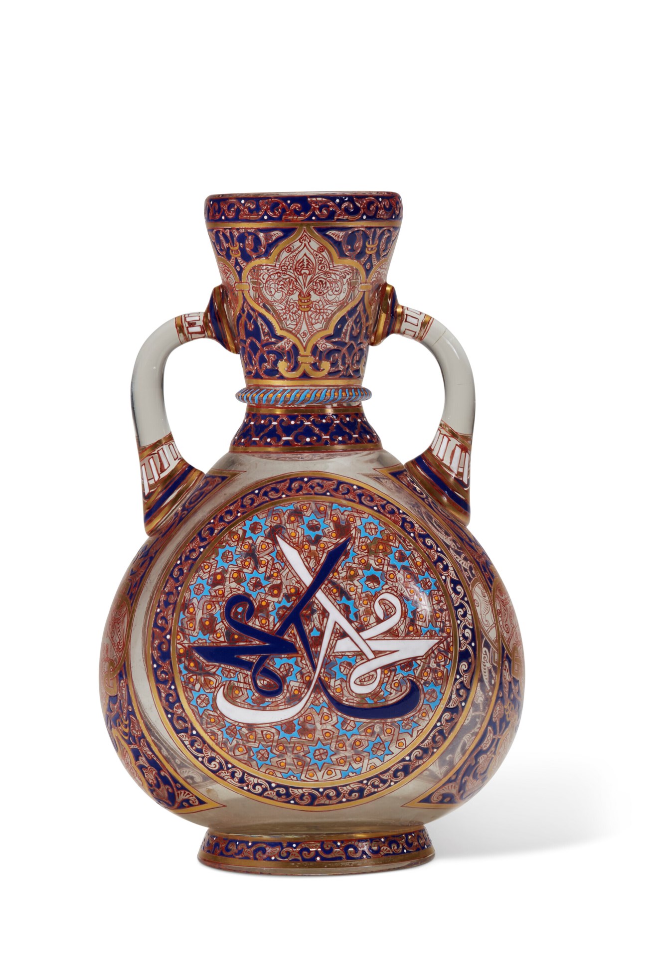 A LOBMEYR 'ARABIAN' ENAMELED CLEAR GLASS VASE, LATE 19TH CENTURY, BLUE ...