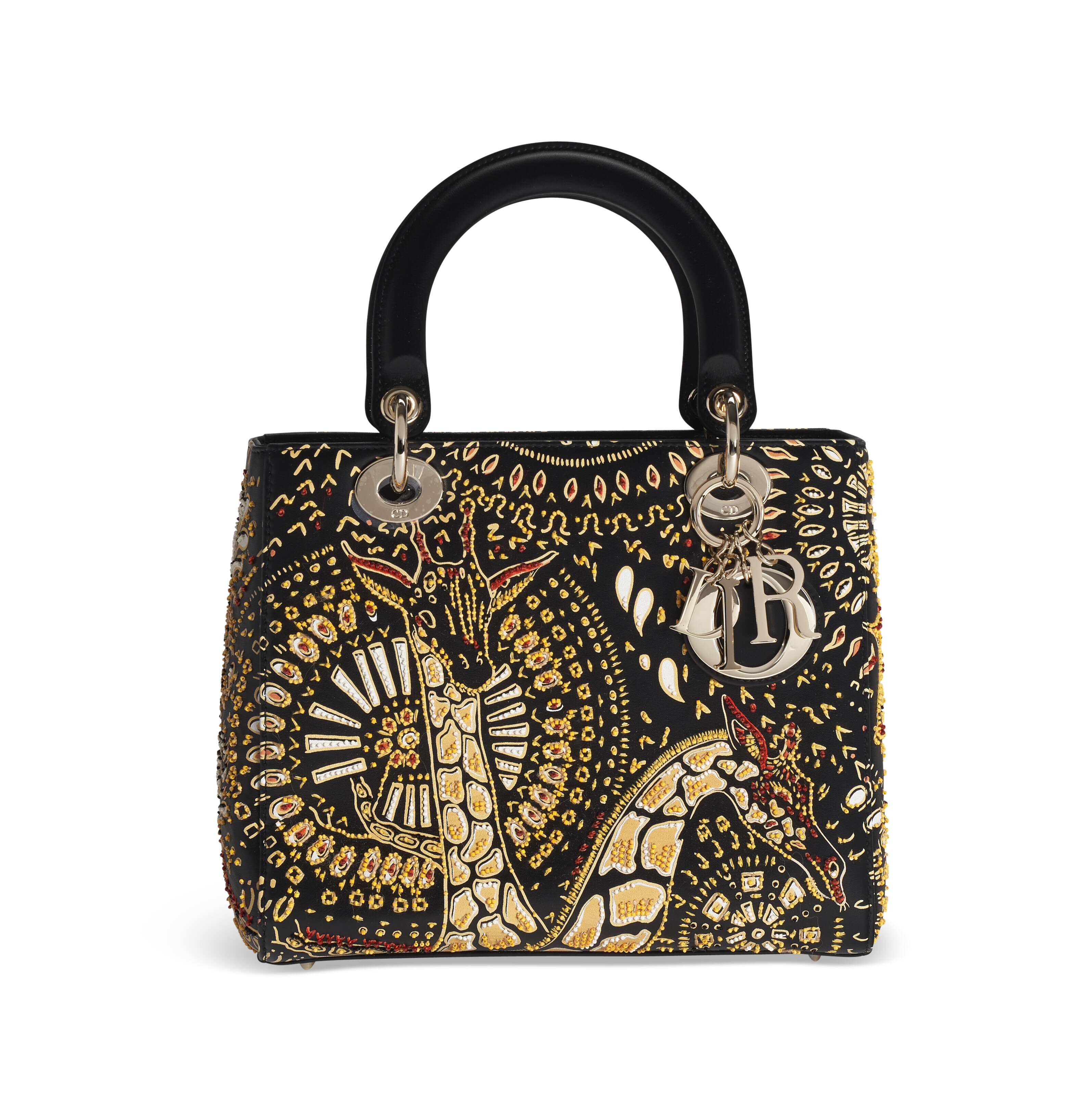 A LIMITED EDITION BLACK LEATHER & EMBROIDERED ANIMALS MEDIUM LADY DIOR ...