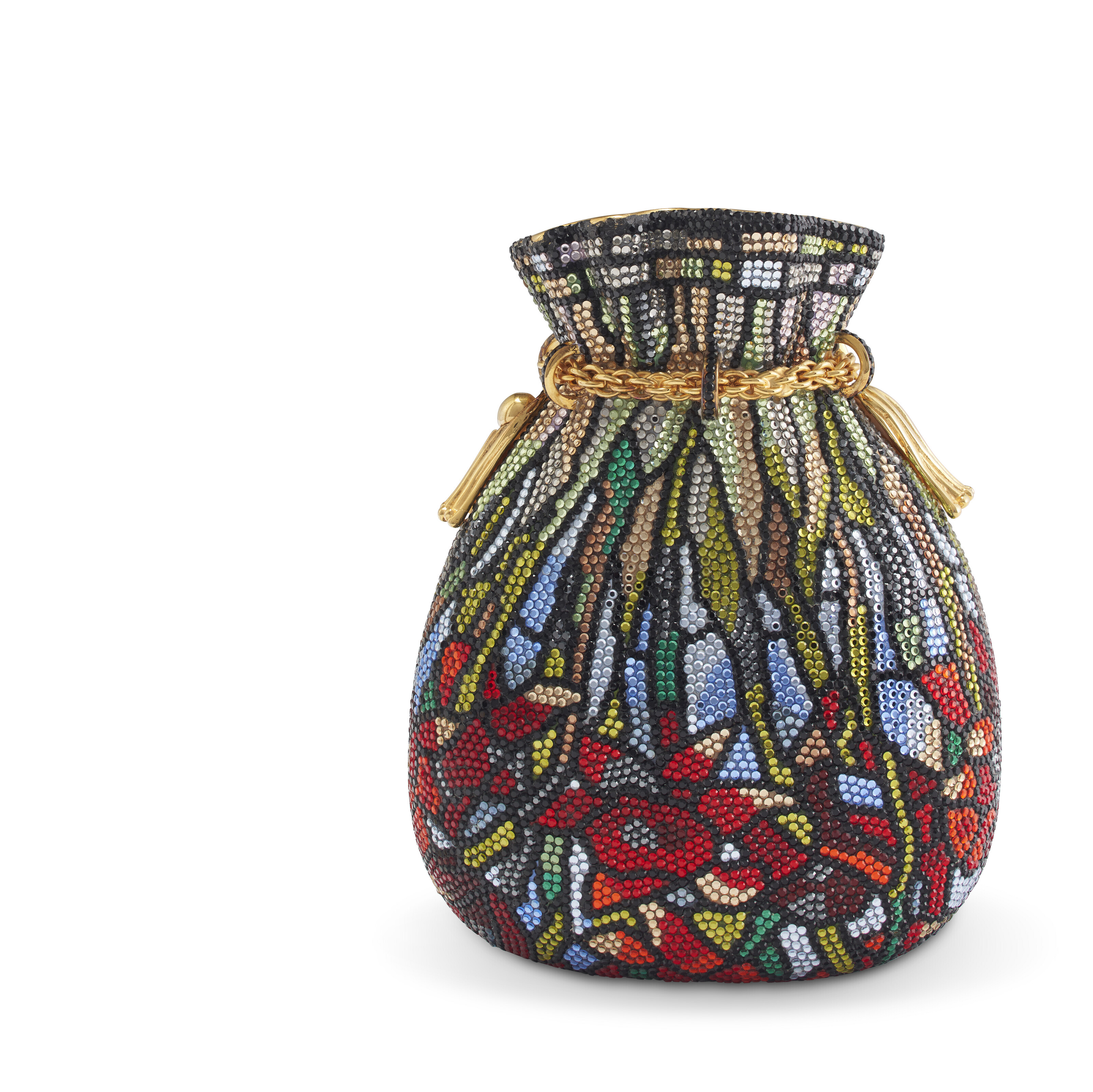 A MULTICOLOR CRYSTAL DRAWSTRING-SHAPED EVENING BAG WITH GOLD HARDWARE ...