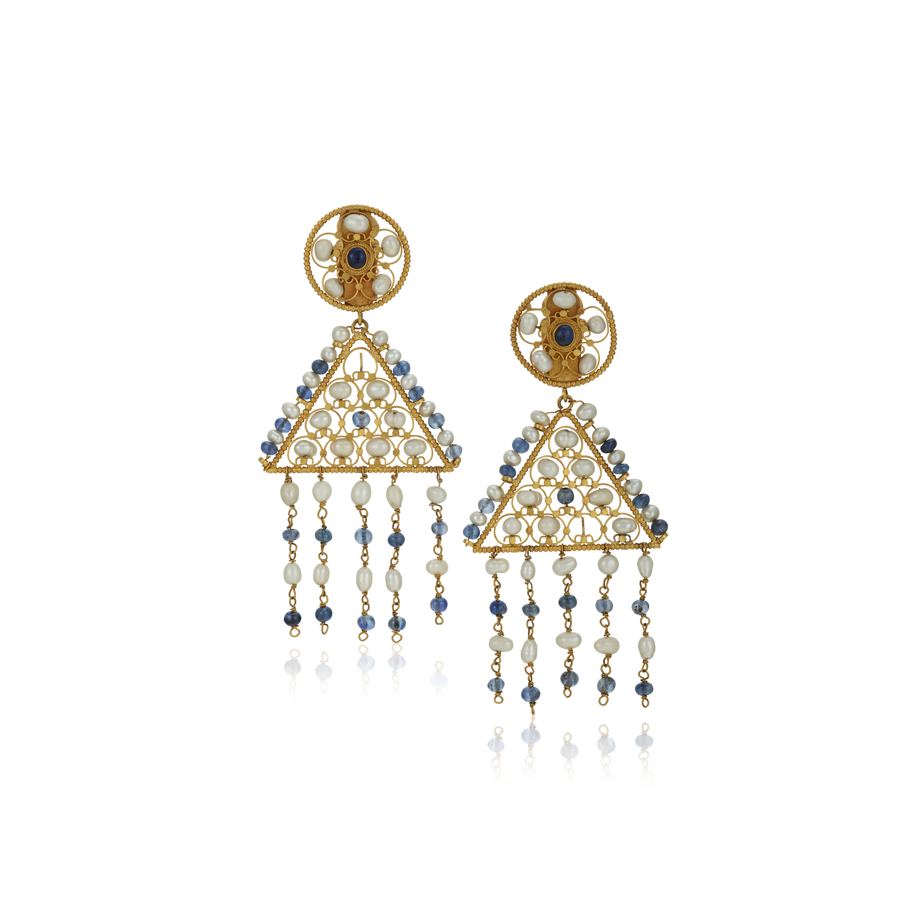 ILIAS LALAOUNIS SEED PEARL, SAPPHIRE AND GOLD EARRINGS, | Christie’s