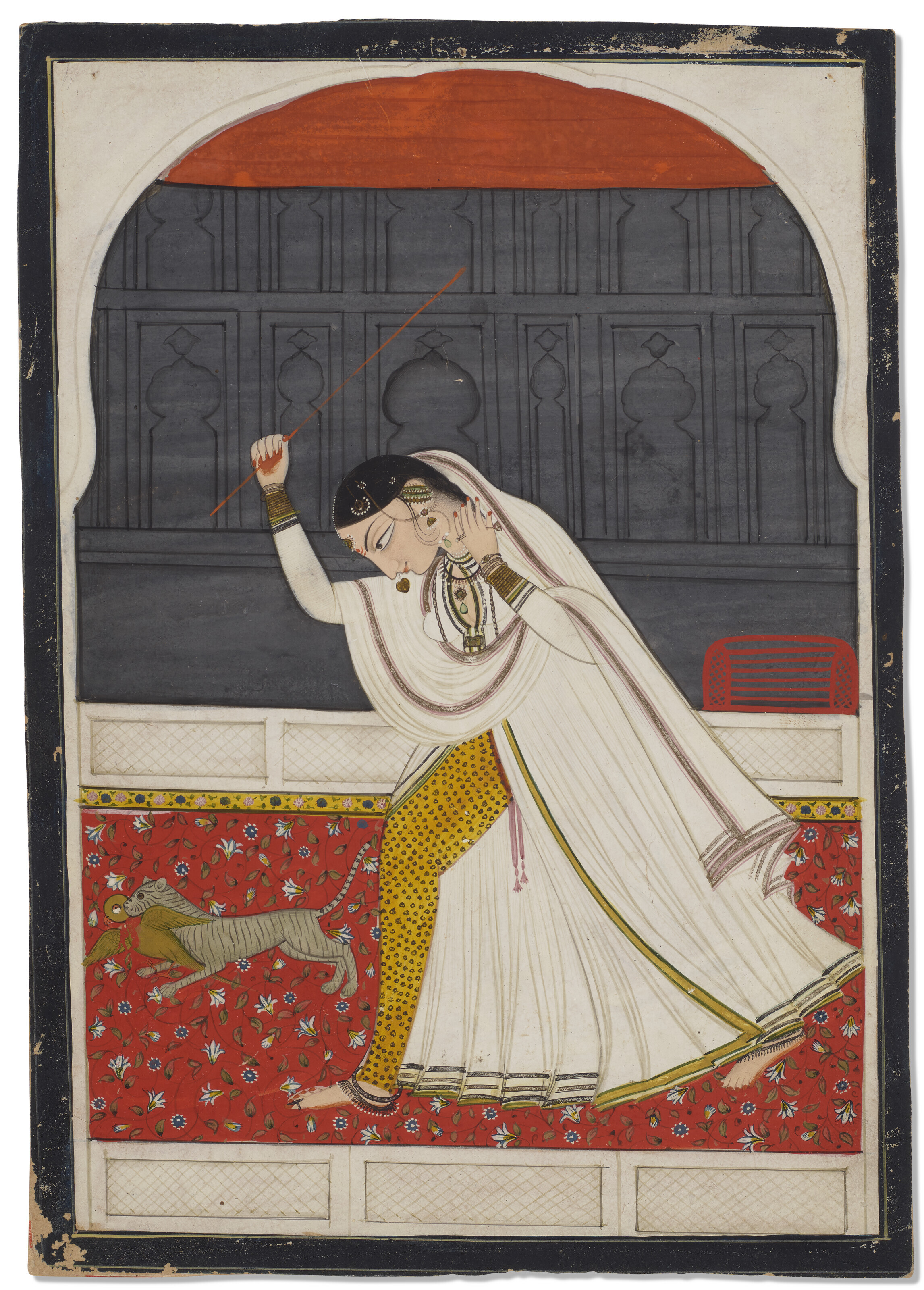 A PAINTING OF A WOMAN CHASING A CAT THIEF, INDIA, PUNJAB HILLS, KANGRA ...