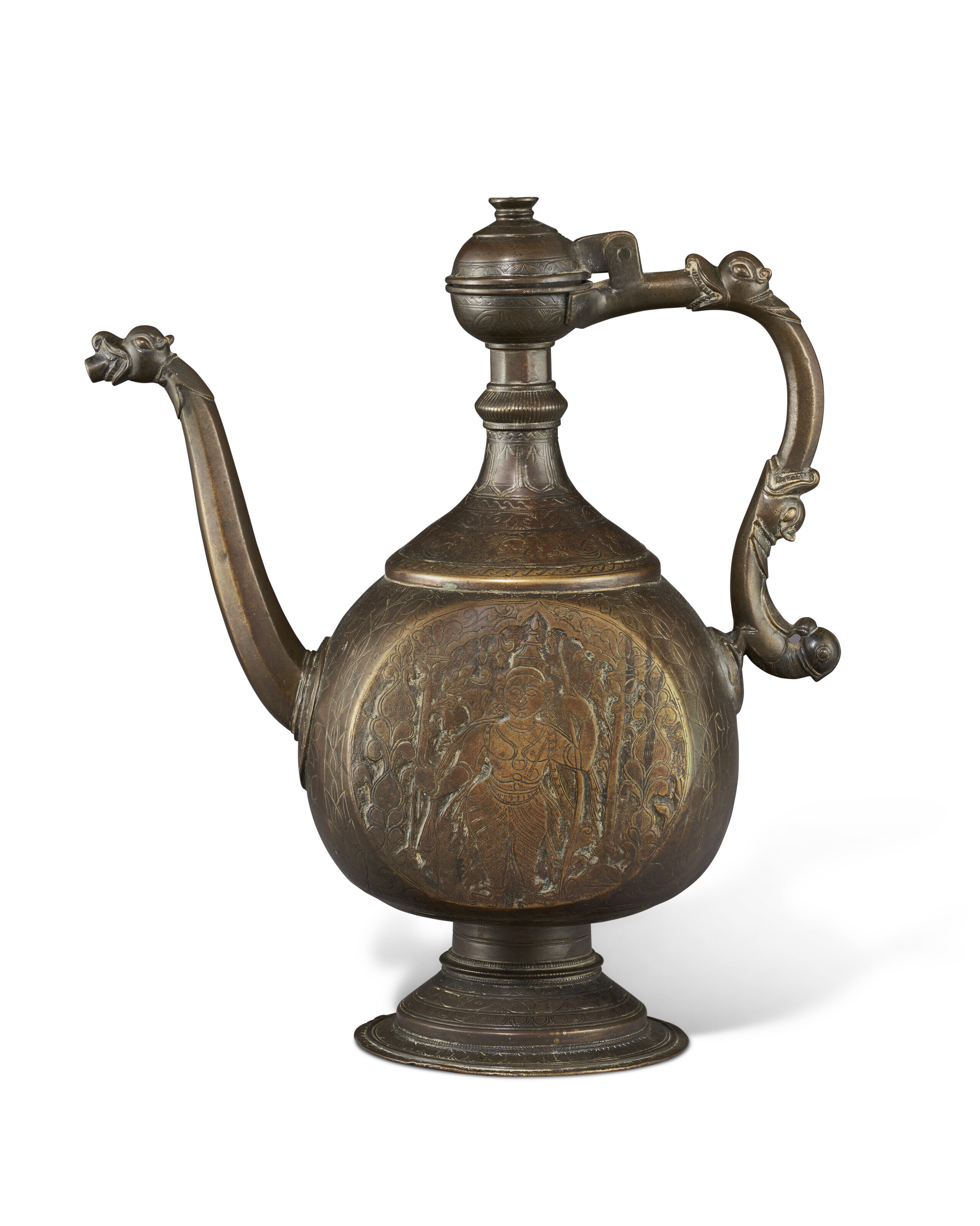 A ENGRAVED BRONZE EWER DEPICTING KRISHNA AND RAMA, INDIA, TAMIL NADU ...