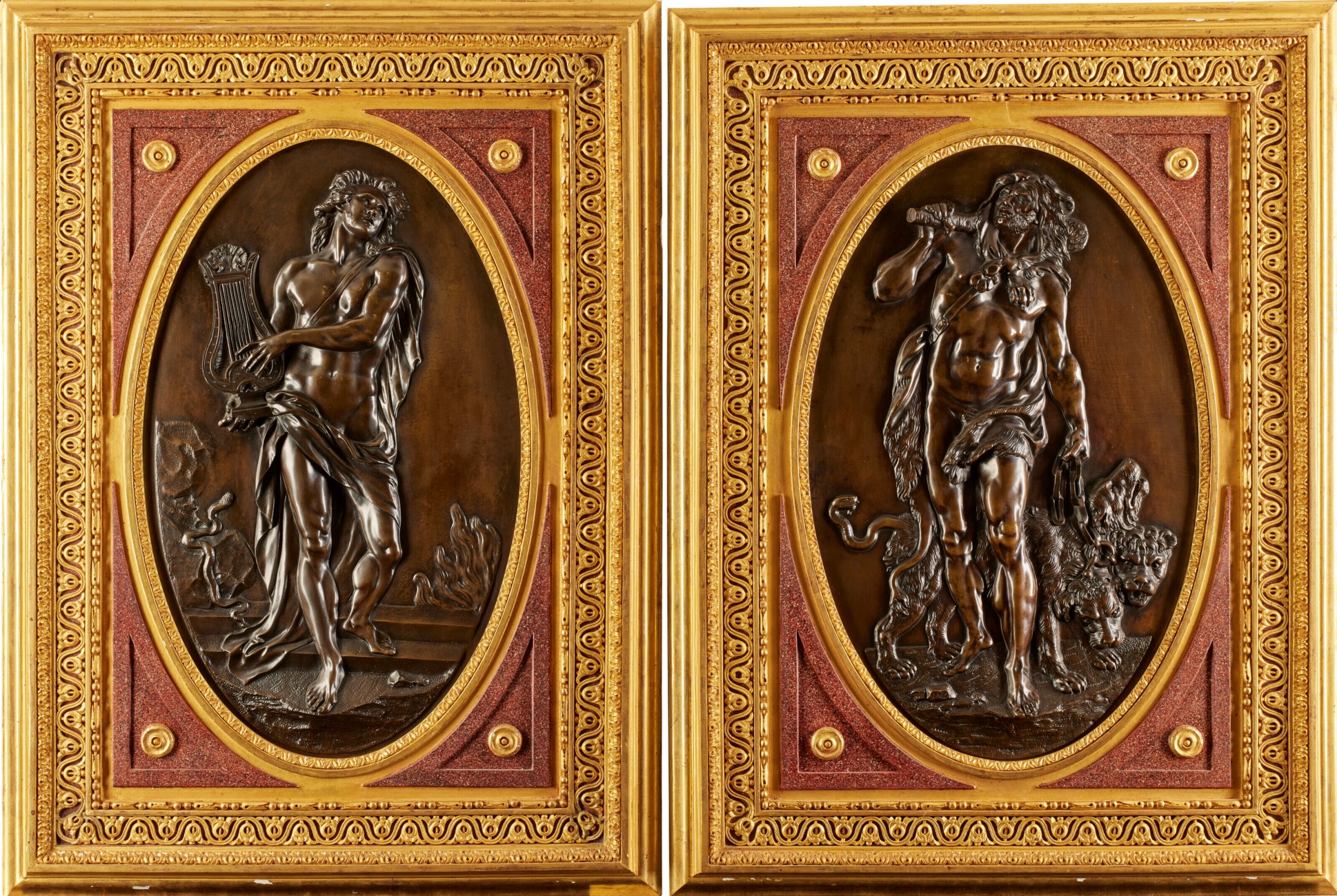 PAIRE DE BAS-RELIEFS REPRÉSENTANT HERCULE ENCHAÎNANT CERBÈRE ET ORPHÉE ...