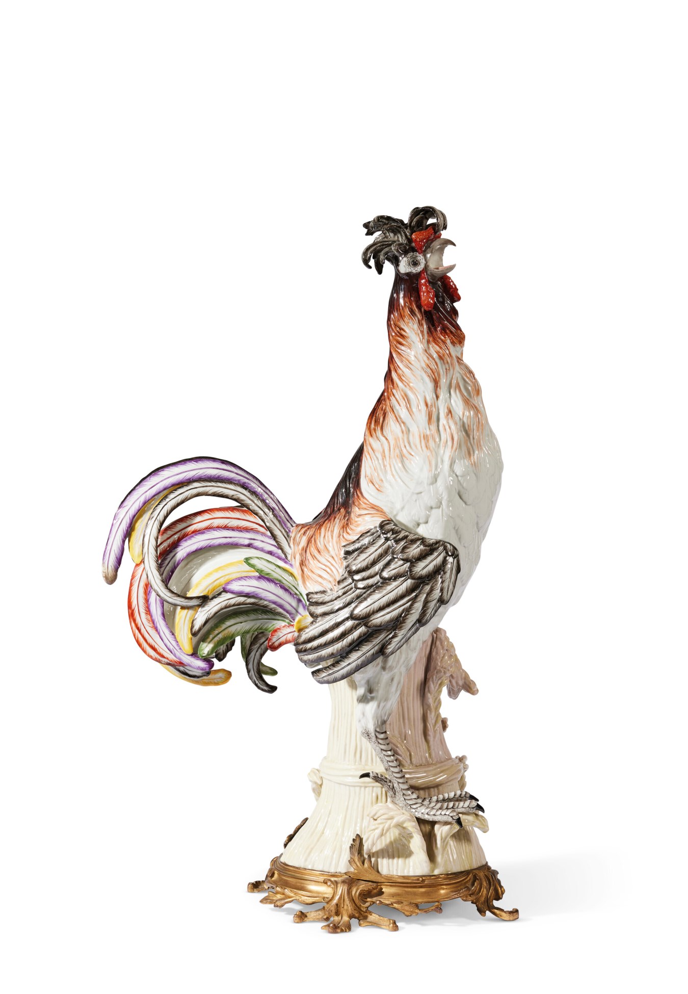 IMPORTANTE FIGURE DE COQ EN PORCELAINE DE PARIS, SAMSON ET BRONZE DORE ...