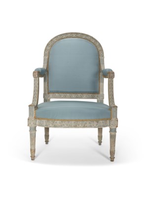 FAUTEUIL ROYAL A L'ETRUSQUE D'EPOQUE LOUIS XVI, ESTAMPILLE DE GEORGES ...
