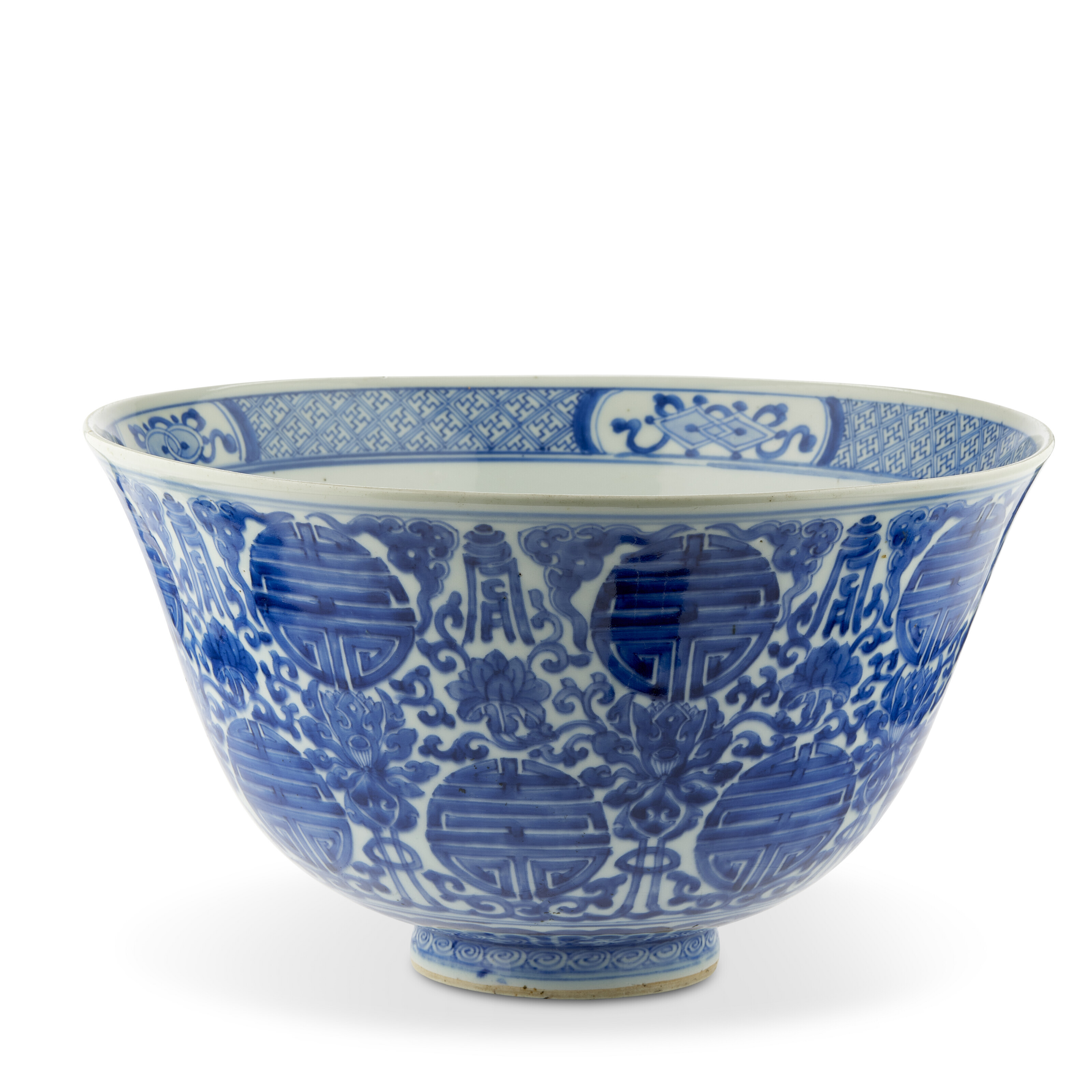 A LARGE BLUE AND WHITE 'SHOU' BOWL, CHINA, QING DYNASTY, KANGXI PERIOD ...