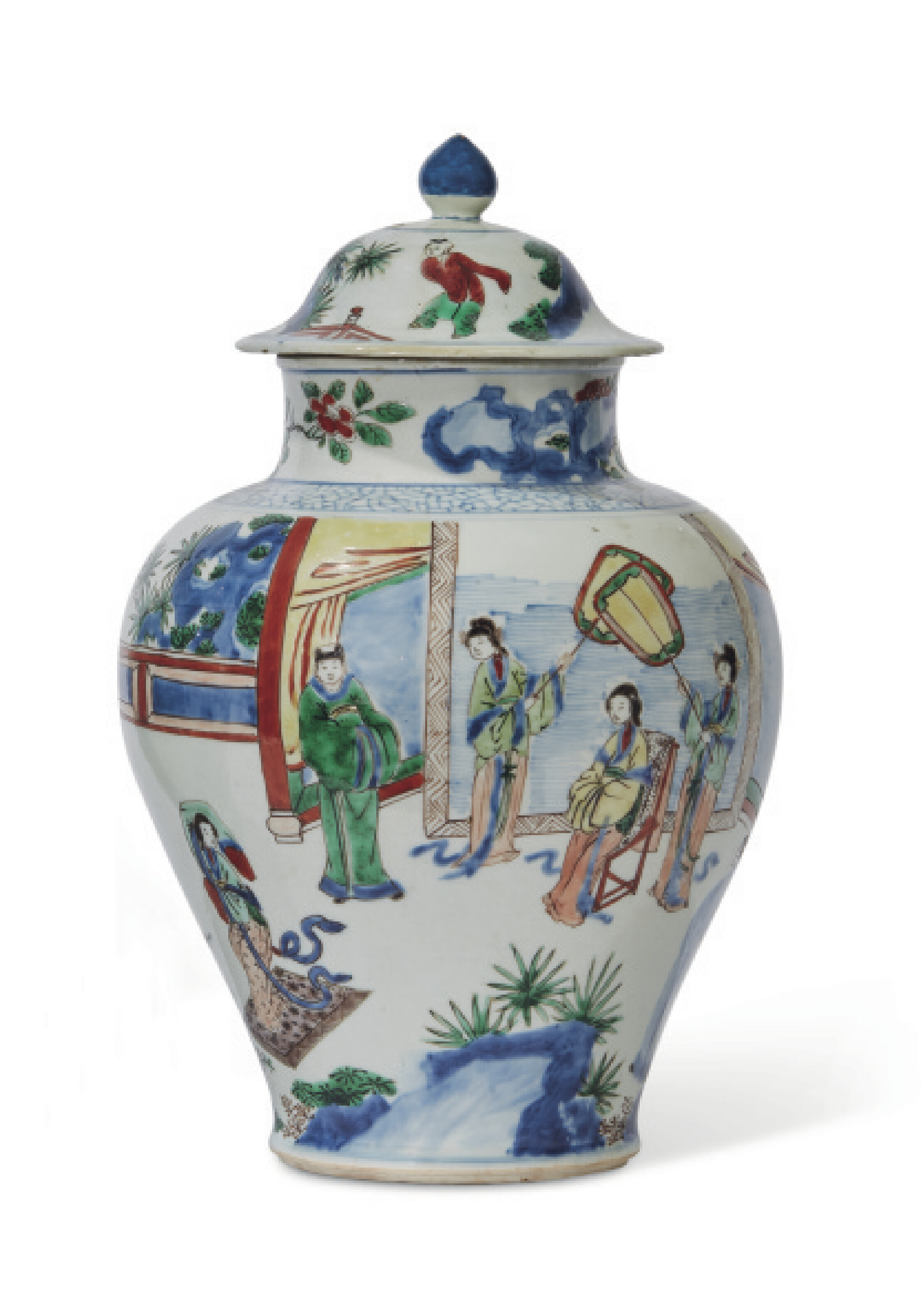 A WUCAI 'LADIES' JAR AND COVER, CHINA, TRANSITIONAL PERIOD, 17TH ...