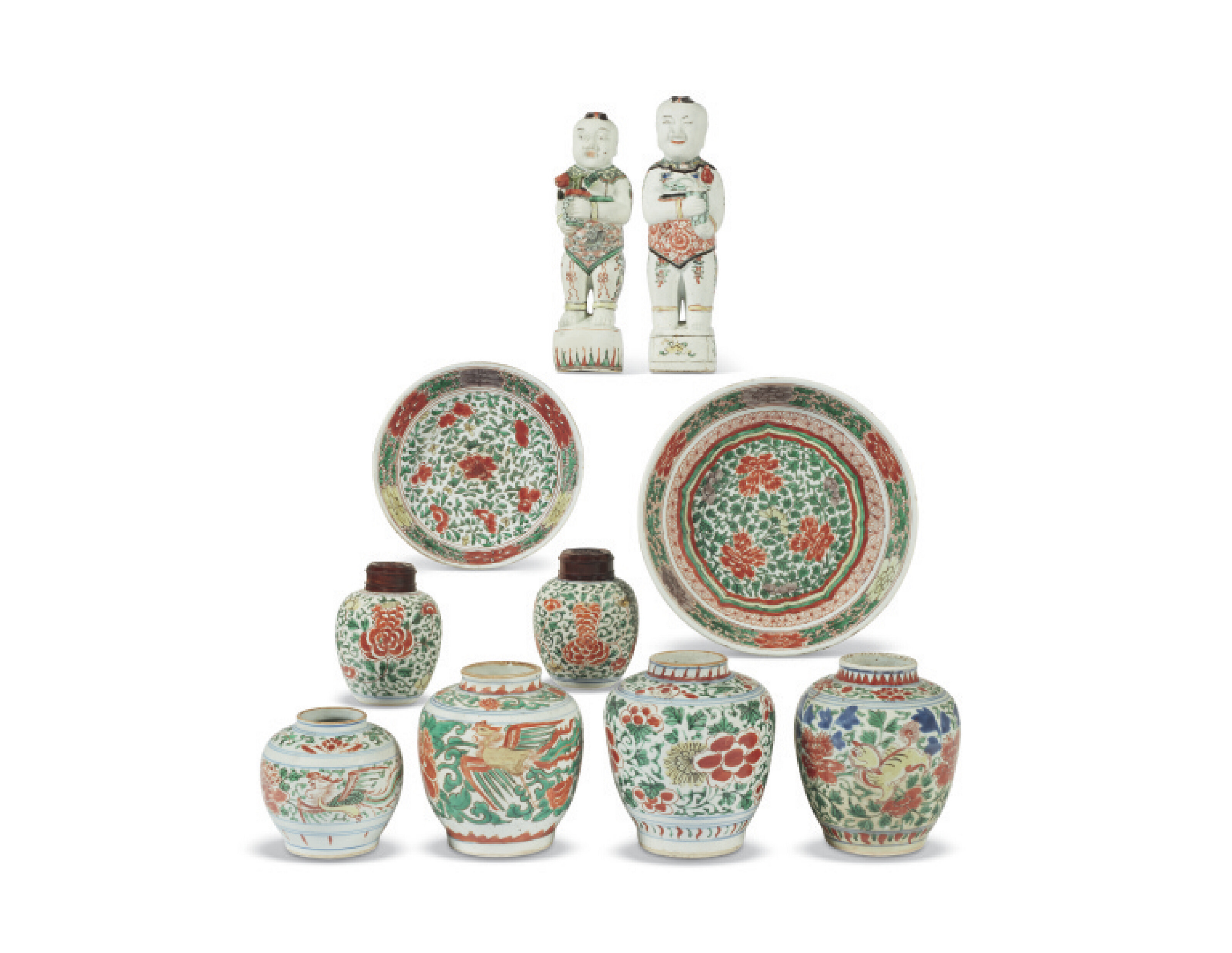 A GROUP OF TEN WUCAI VESSELS AND FIGURES, CHINA, 17TH-18TH CENTURY ...