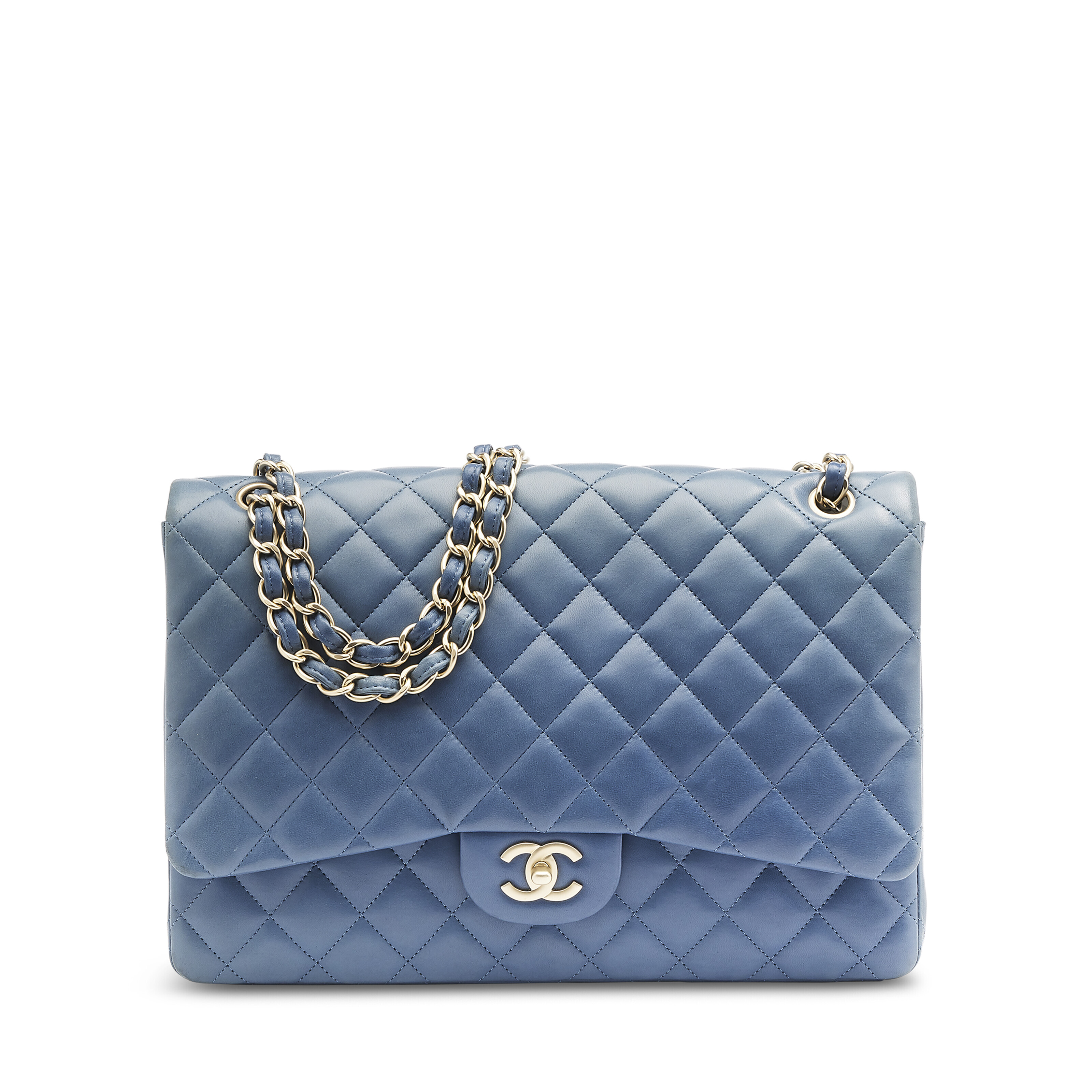 A BLUE LAMBSKIN LEATHER MAXI SINGLE FLAP WITH PALE GOLD HARDWARE ...