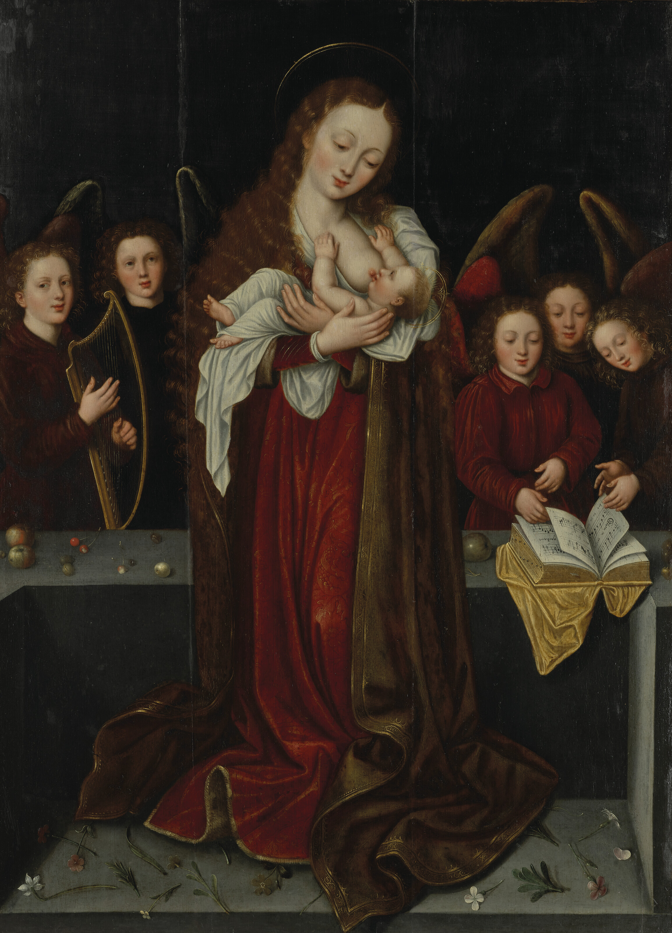 ÉCOLE FLAMANDE DE LA FIN DU XVIe SIÈCLE, SUIVEUR DE BERNARD VAN ORLEY, Virgo lactans entourée d ...