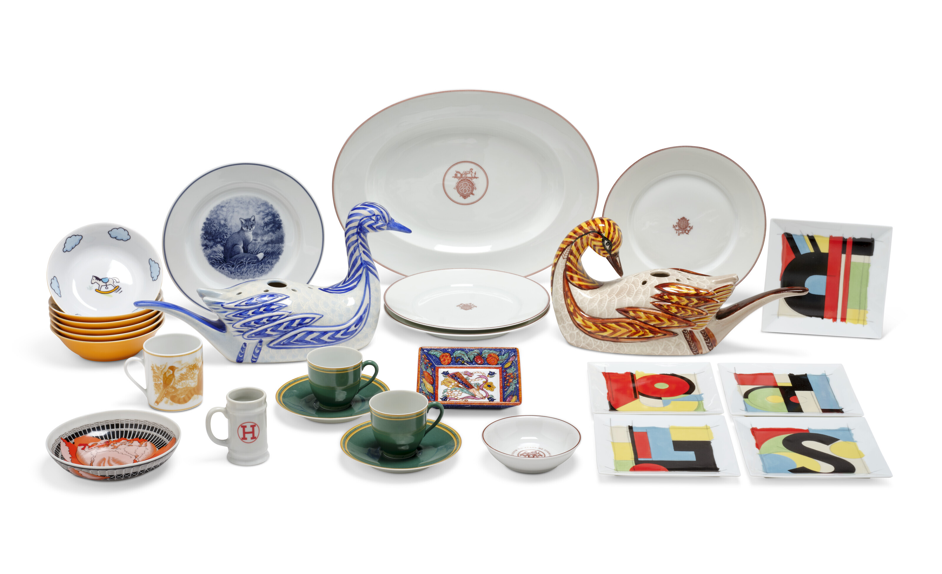 A GROUP OF TWENTY-FIVE: SIX PORRIDGE BOWLS, FIVE PORCELAIN SQUARE ...
