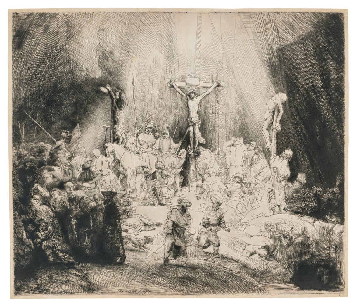 REMBRANDT HARMENSZ. VAN RIJN (1606-1669), Christ crucified between the ...