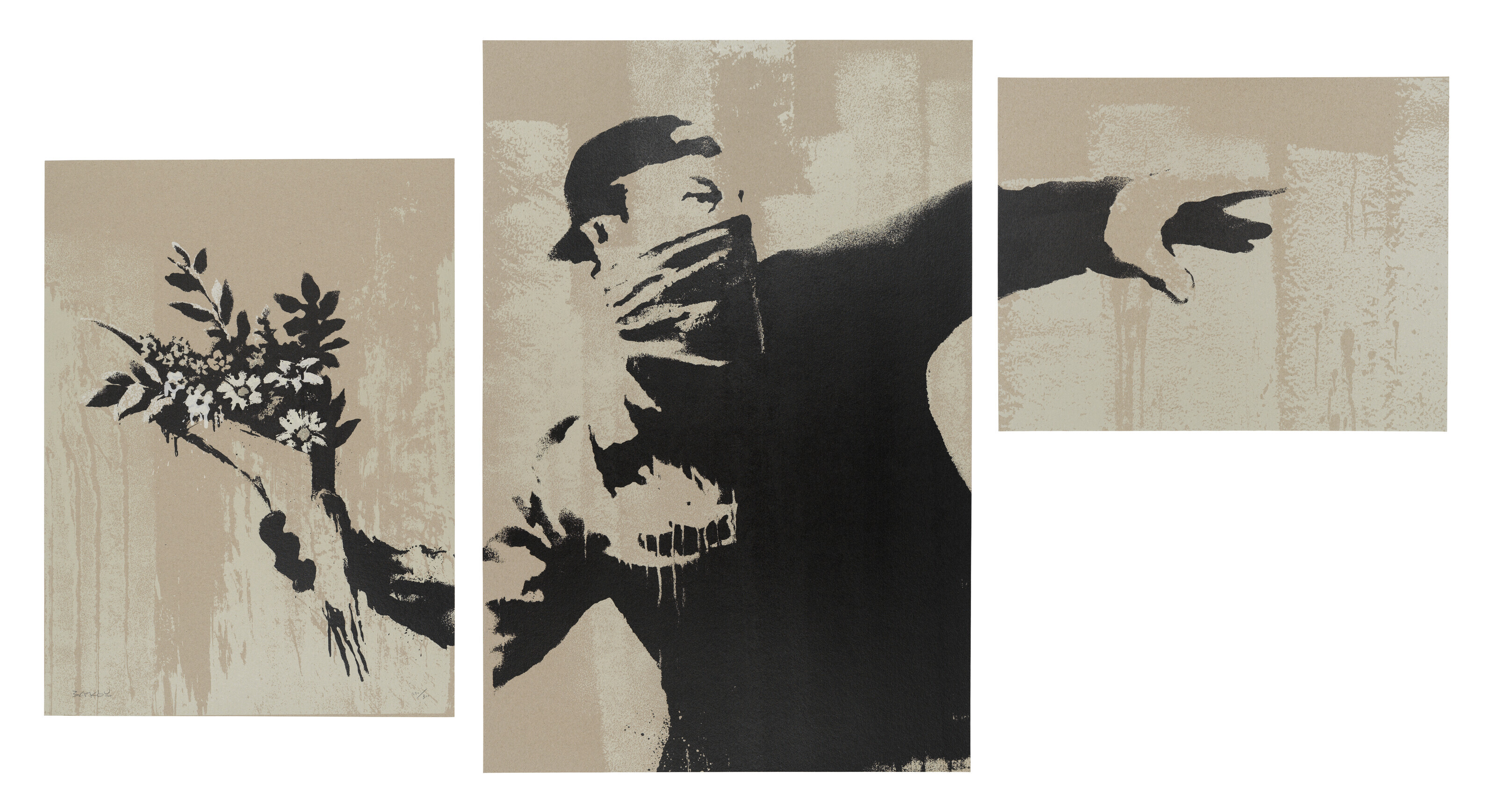 BANKSY, Flower Thrower Triptych (Grey) | Christie’s
