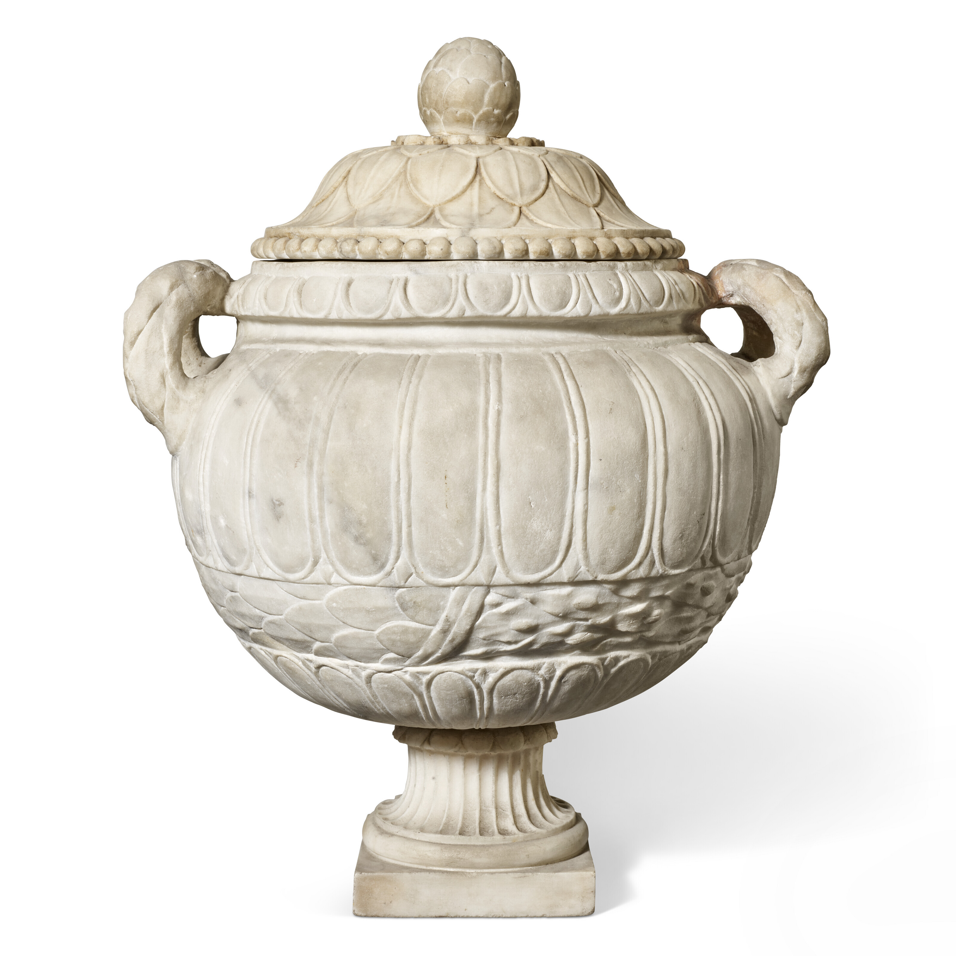 A ROMAN MARBLE CINERARY URN, CIRCA 1ST CENTURY A.D., THE SOCLE AND ...
