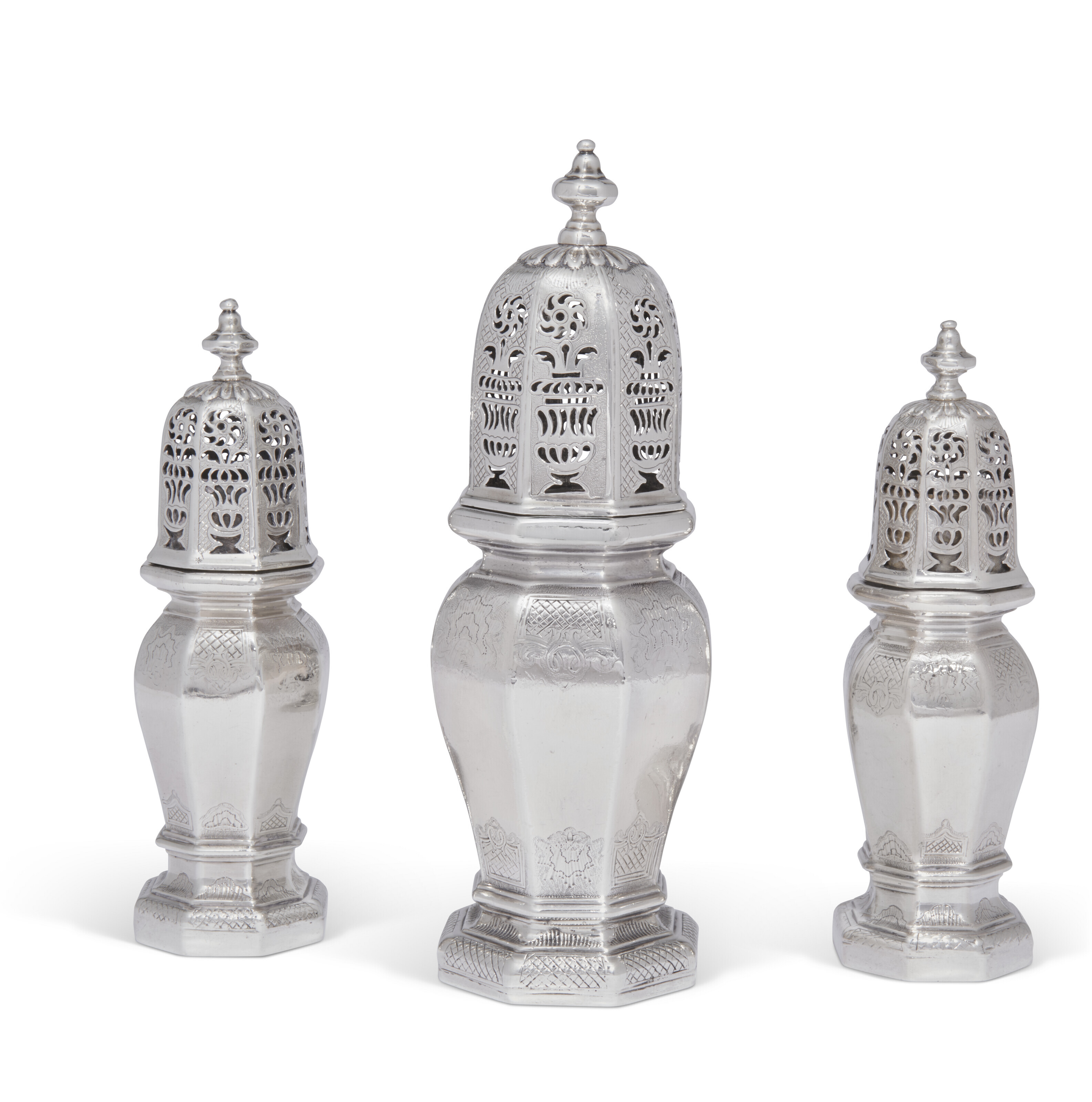 A QUEEN ANNE SILVER SUGAR CASTER AND A PAIR OF MATCHING GEORGE I SUGAR ...