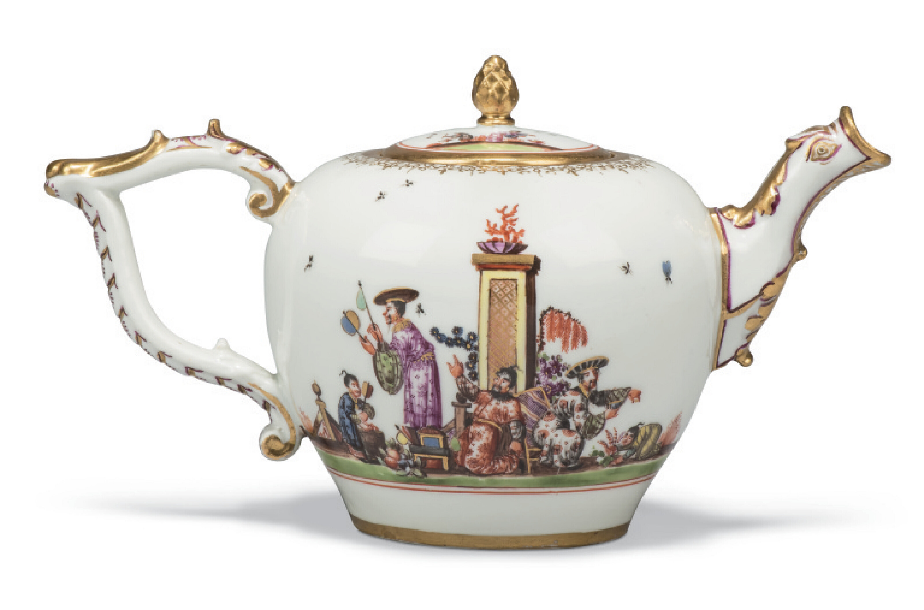 A MEISSEN PORCELAIN BULLET-SHAPED TEAPOT AND COVER, CIRCA 1740, GILDER ...